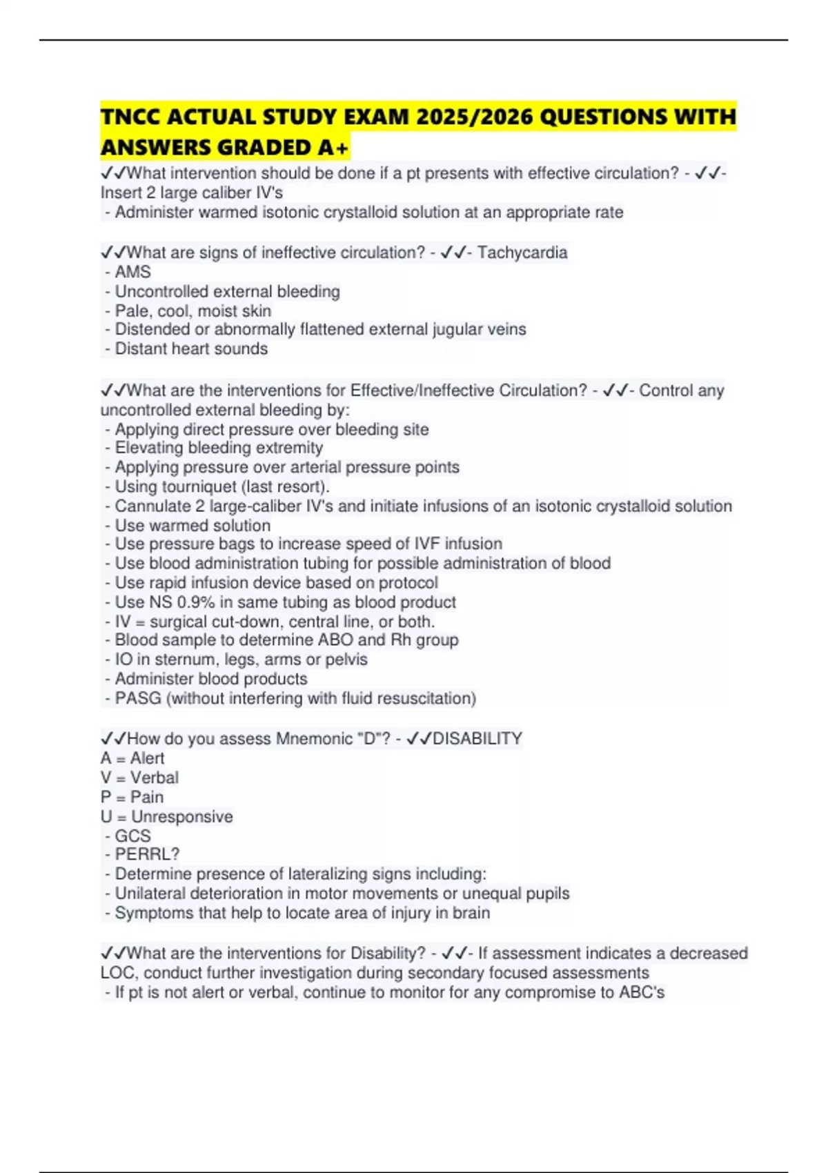 TNCC ACTUAL STUDY EXAM 2025/2026 QUESTIONS WITH ANSWERS GRADED A+ ...