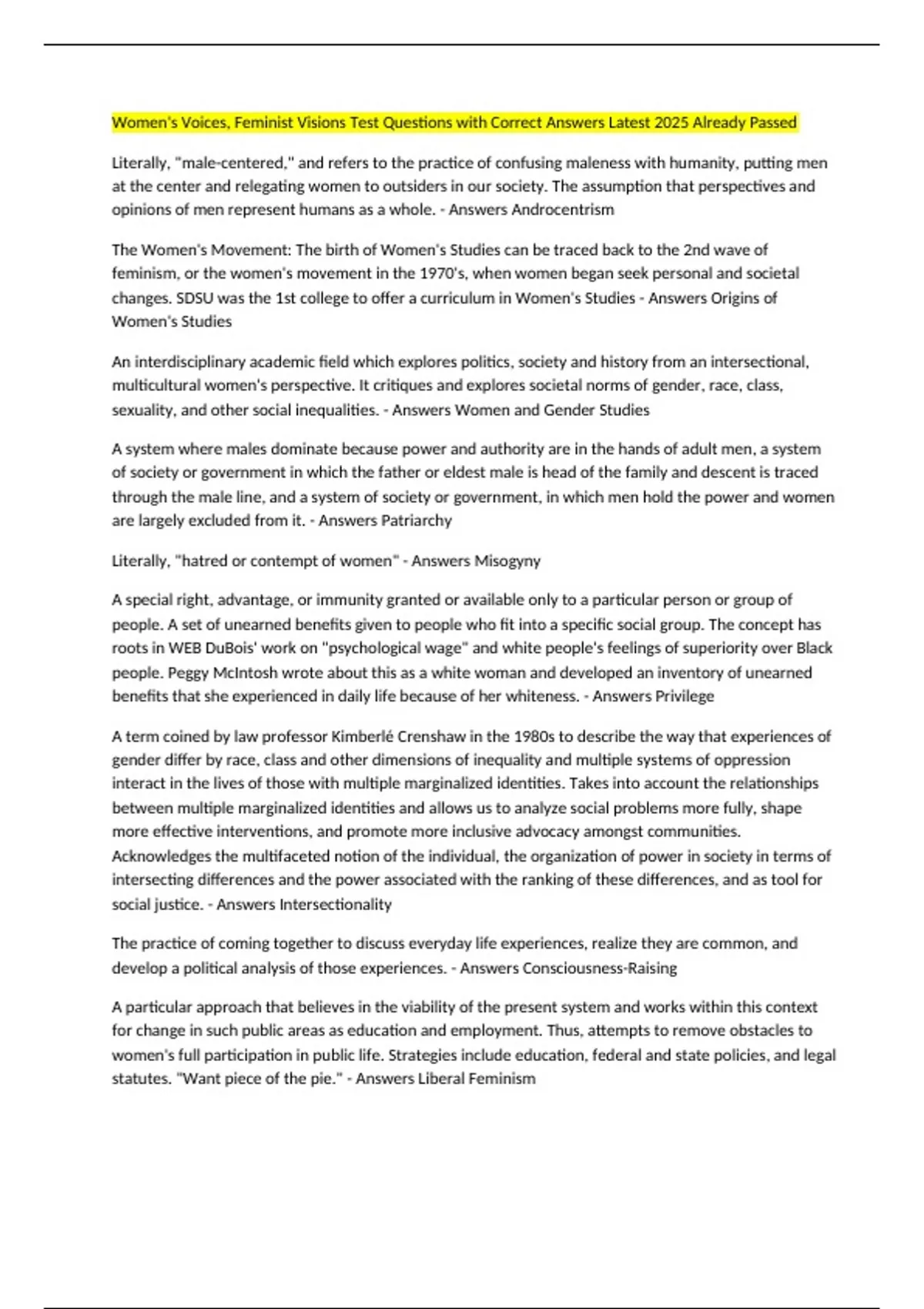 Women's Voices, Feminist Visions Test Questions with Correct Answers ...