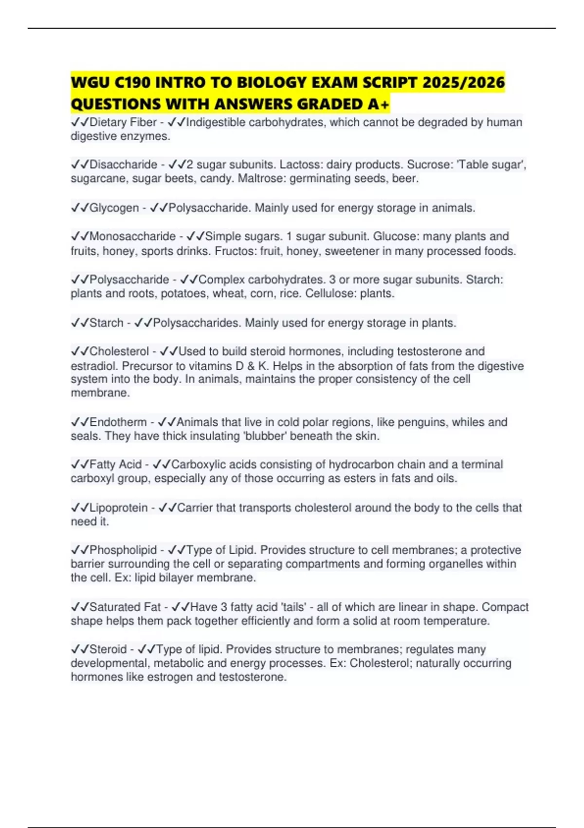 WGU C190 INTRO TO BIOLOGY EXAM SCRIPT 2025/2026 QUESTIONS WITH ANSWERS ...