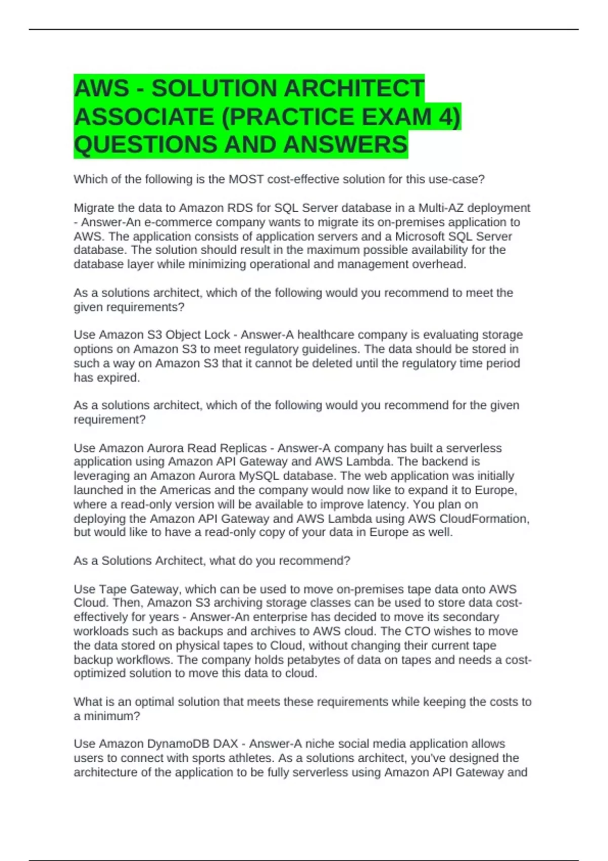 AWS - SOLUTION ARCHITECT ASSOCIATE (PRACTICE EXAM 4) QUESTIONS AND ...