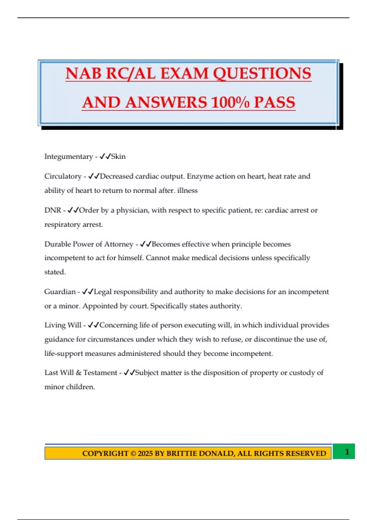 NAB RC/AL EXAM QUESTIONS AND ANSWERS 100% PASS - NAB RCAL - Stuvia US