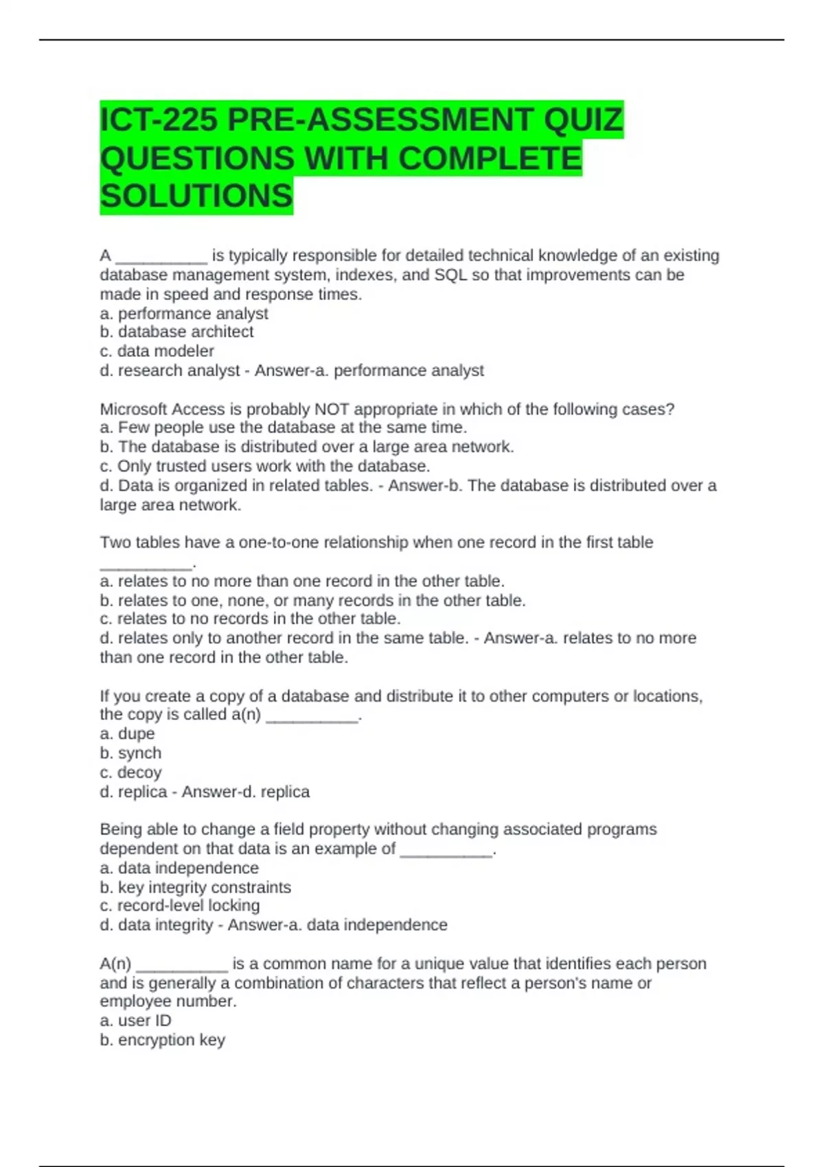 ICT-225 PRE-ASSESSMENT QUIZ QUESTIONS WITH COMPLETE SOLUTIONS - Microsoft Technology Associate ...