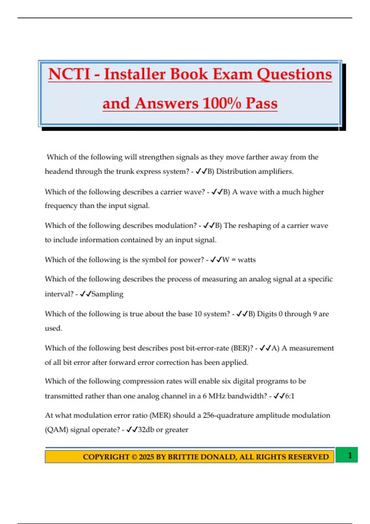 NCTI - Installer Book Exam Questions and Answers 100% Pass - Ncti ...