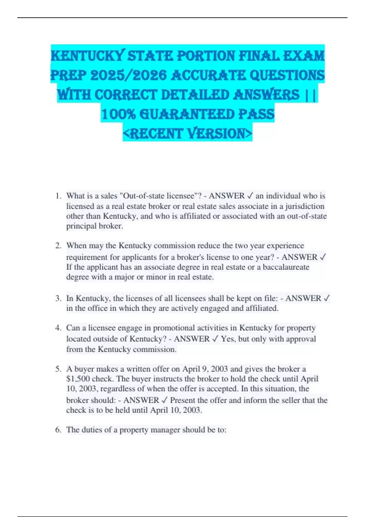 KENTUCKY STATE PORTION FINAL EXAM PREP 2025/2026 ACCURATE QUESTIONS ...