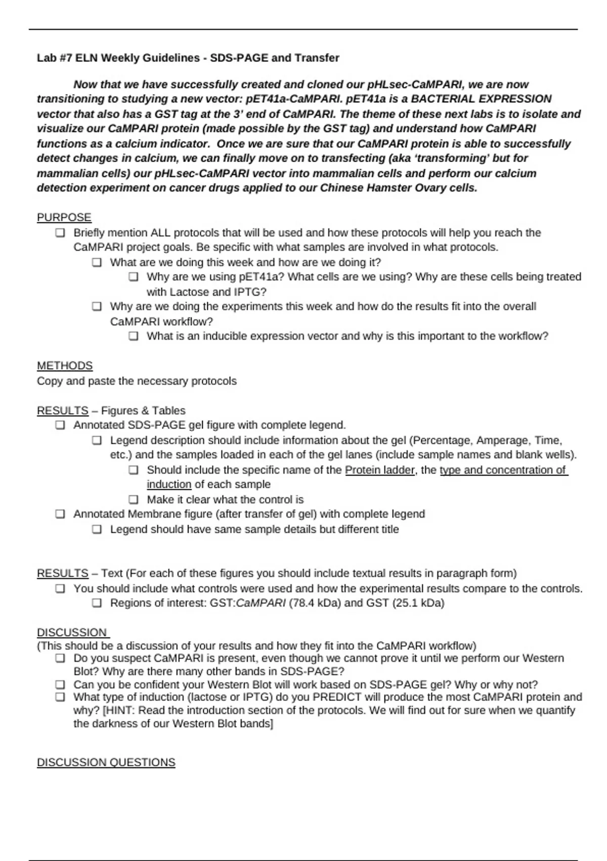 Lab 7 – SDS-PAGE and Membrane Transfer ELN Guide - BIT 410 - Stuvia US