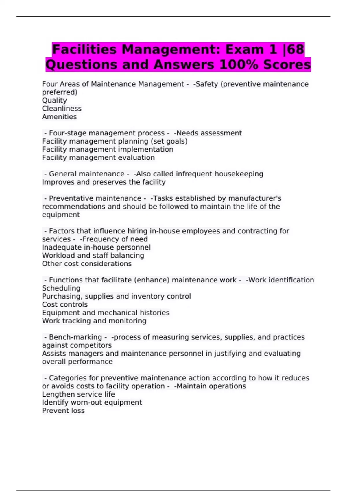 Facilities Management: Exam 1 |68 Questions and Answers 100% Scores - Facilities Management ...
