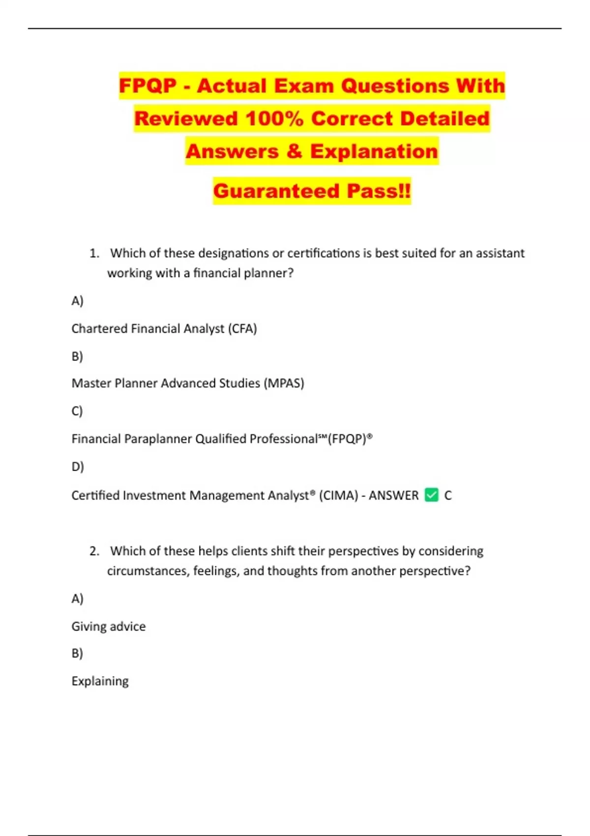FPQP - Actual Exam Questions With Reviewed 100% Correct Detailed ...