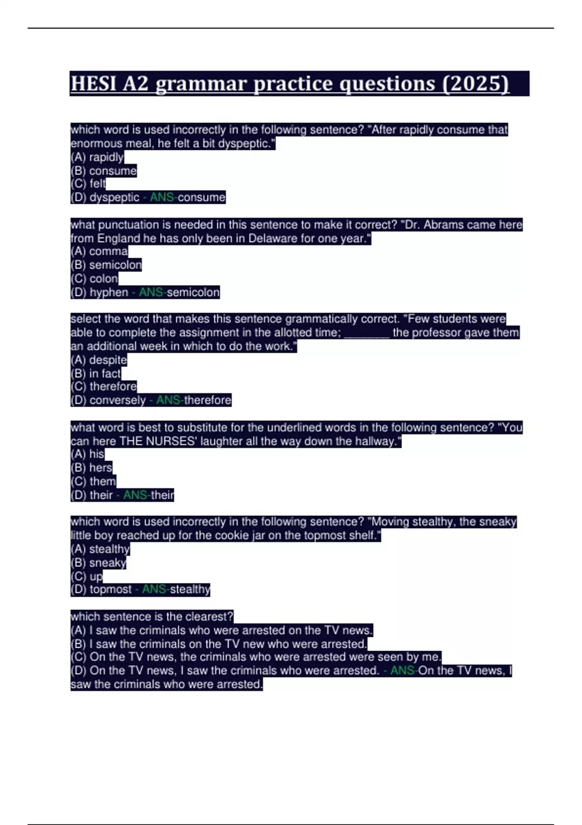 Hesi A2 Grammar Practice Test 2025 Questions and Answers (2025 / 2026 ...