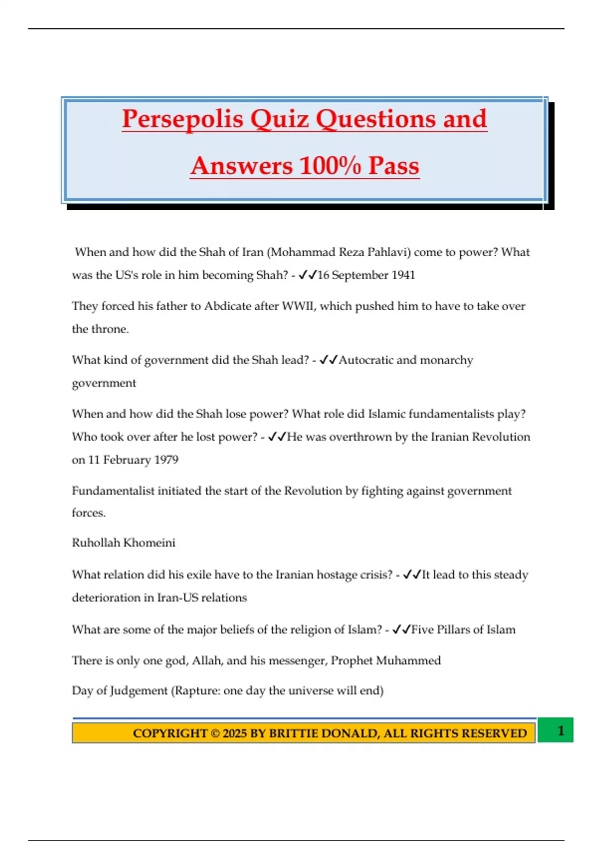 Persepolis Quiz Questions and Answers 100% Pass - Persepolis - Stuvia US