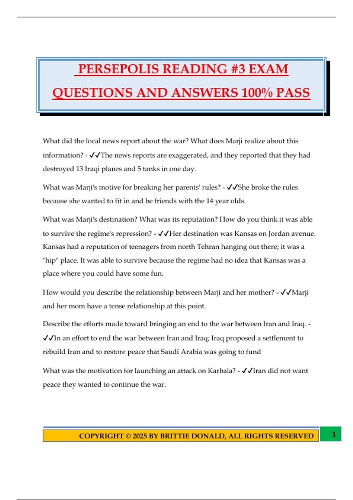 PERSEPOLIS READING #3 EXAM QUESTIONS AND ANSWERS 100% PASS - Persepolis ...