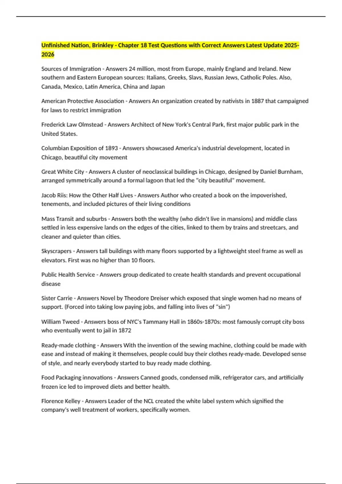 Unfinished Nation, Brinkley - Chapter 18 Test Questions with Correct ...