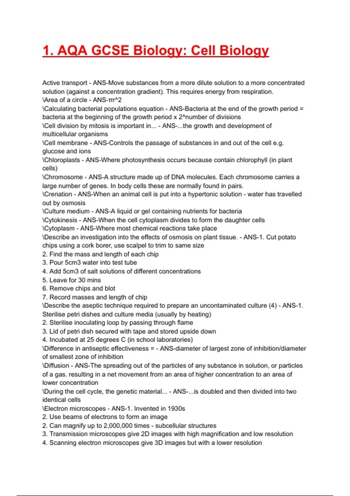 1. AQA GCSE Biology: Cell Biology Exam 2025/2026 Questions With Completed & Verified Solutions ...