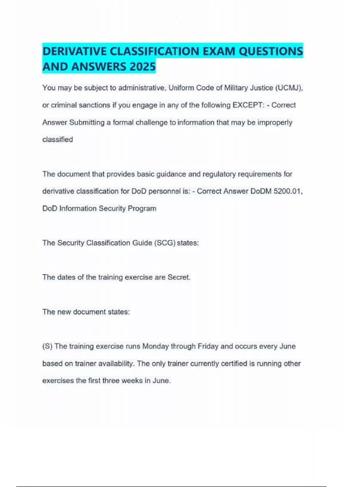 Derivative Classification Exam Questions And Answers 2025 Derivative Classification Stuvia Us