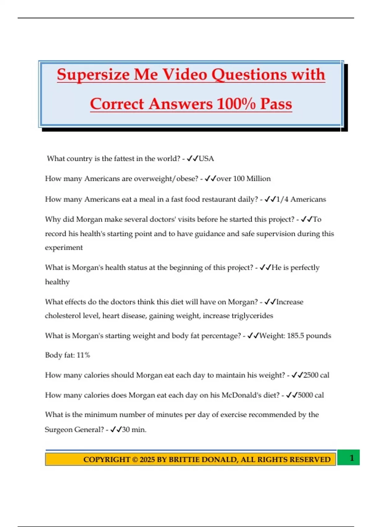 Supersize Me Video Questions with Correct Answers 100% Pass - Supersize ...