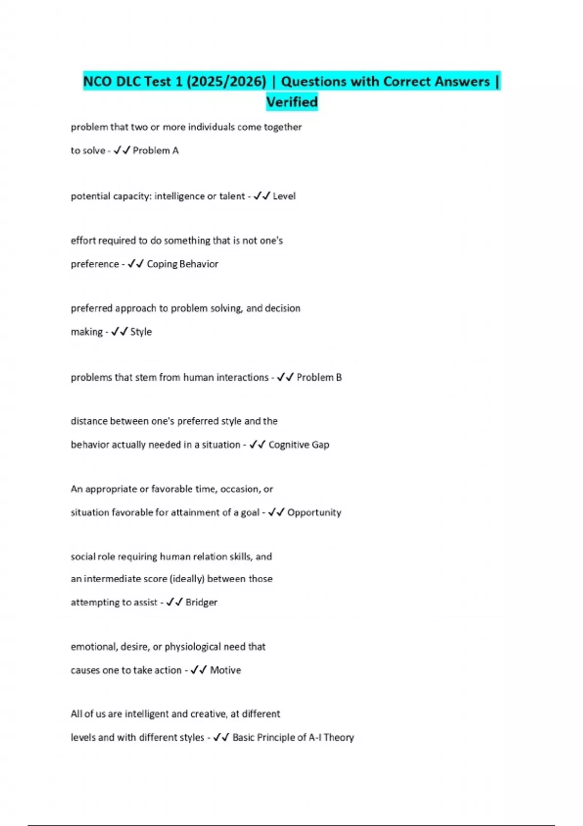 NCO DLC Test 1 (2025/2026) | Questions with Correct Answers | Verified ...