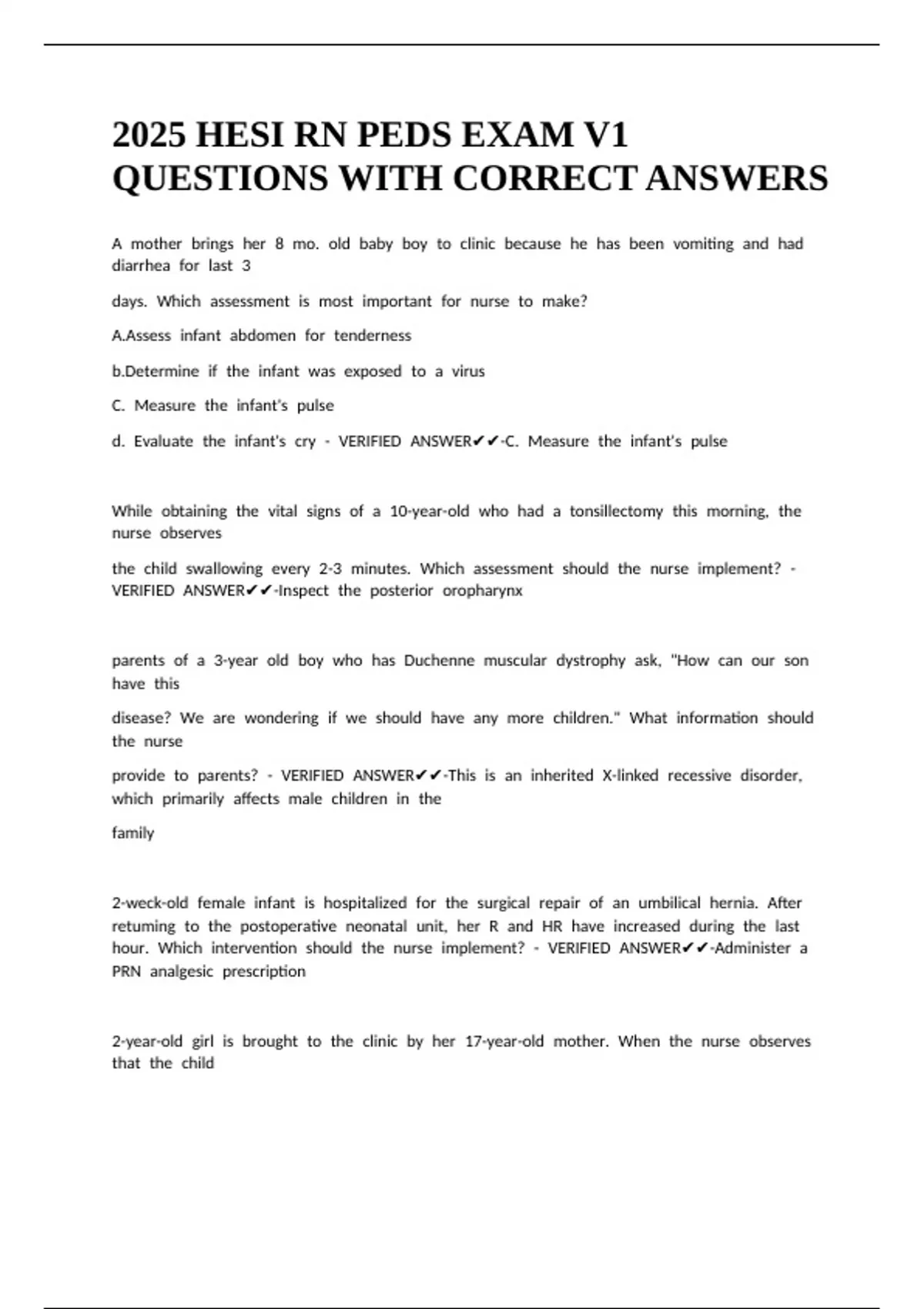 2025 HESI RN PEDS EXAM V1 QUESTIONS WITH CORRECT ANSWERS. - Peds HESI ...