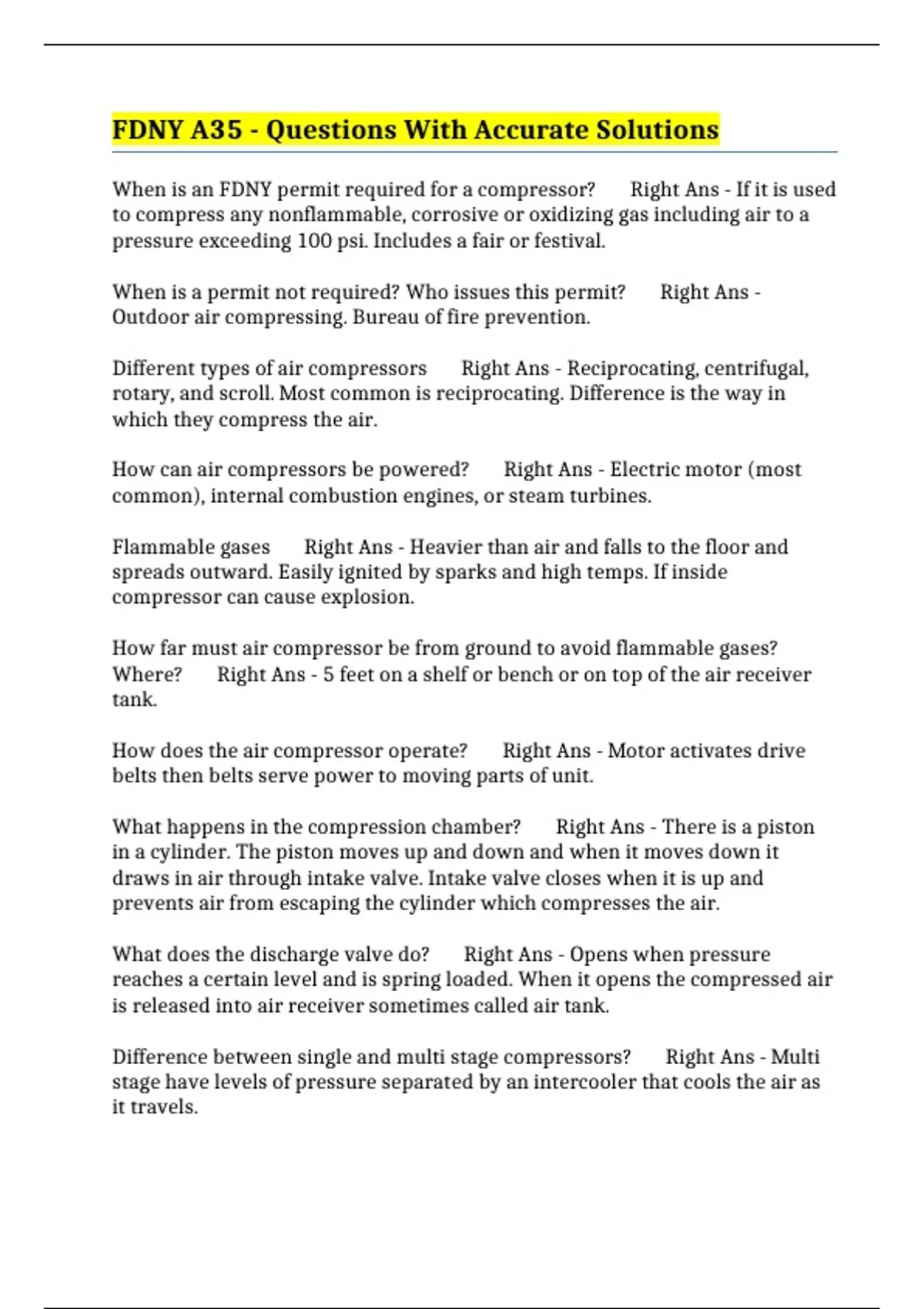 BUNDLE::- FDNY A35 EXAMS - CERTIFICATE OF FITNESS FOR AIR COMPRESSORS ...