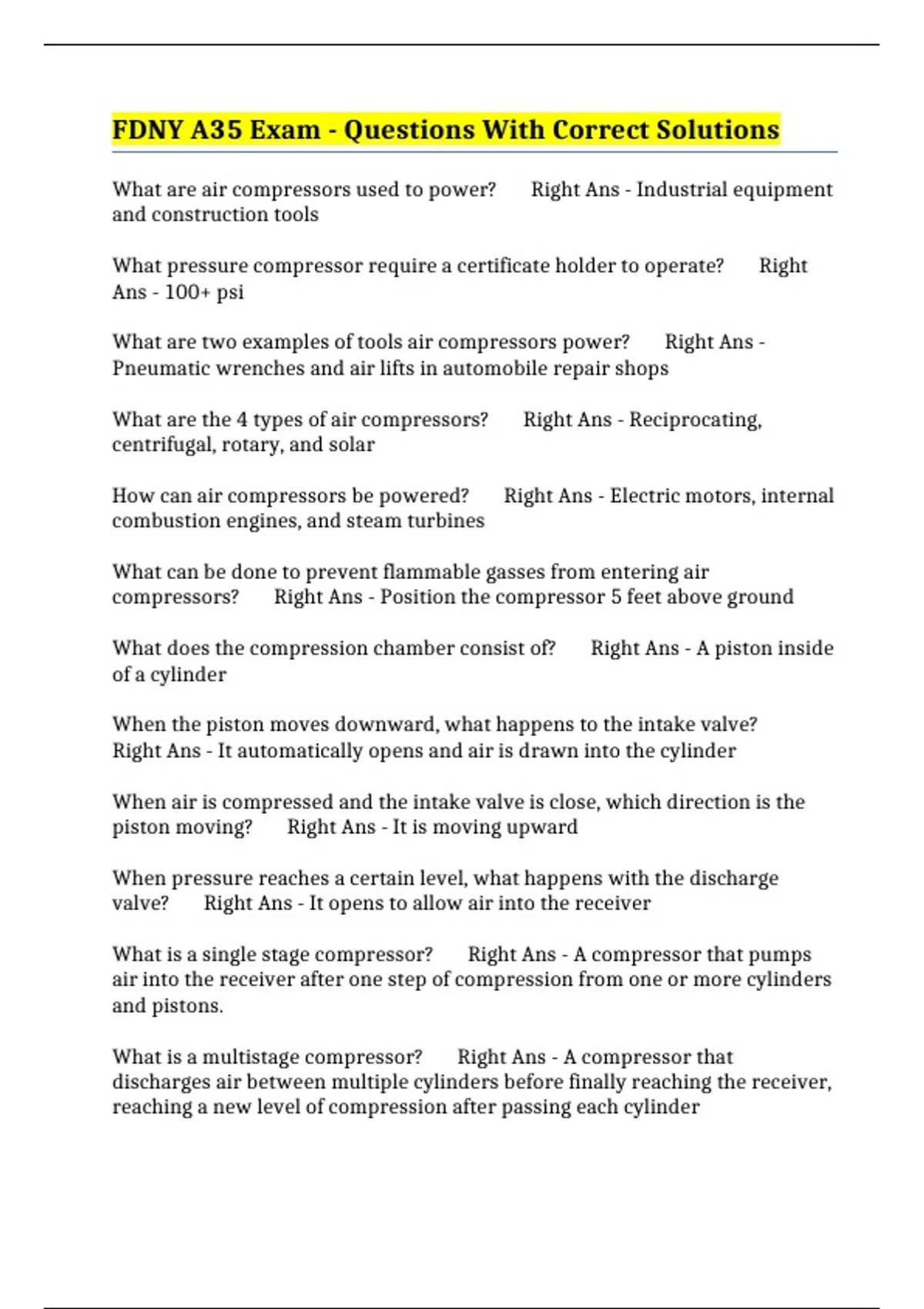 FDNY A35 Exam - Questions With Correct Solutions - FDNY A35 - Stuvia US