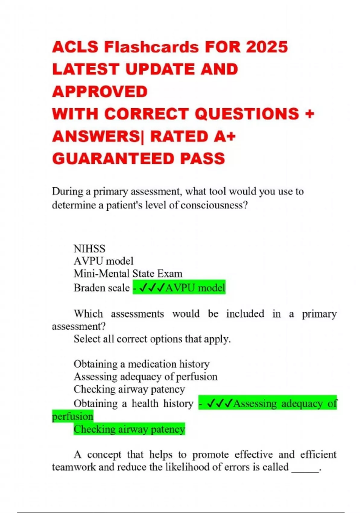 ACLS Flashcards FOR 2025 LATEST UPDATE AND APPROVED WITH CORRECT ...