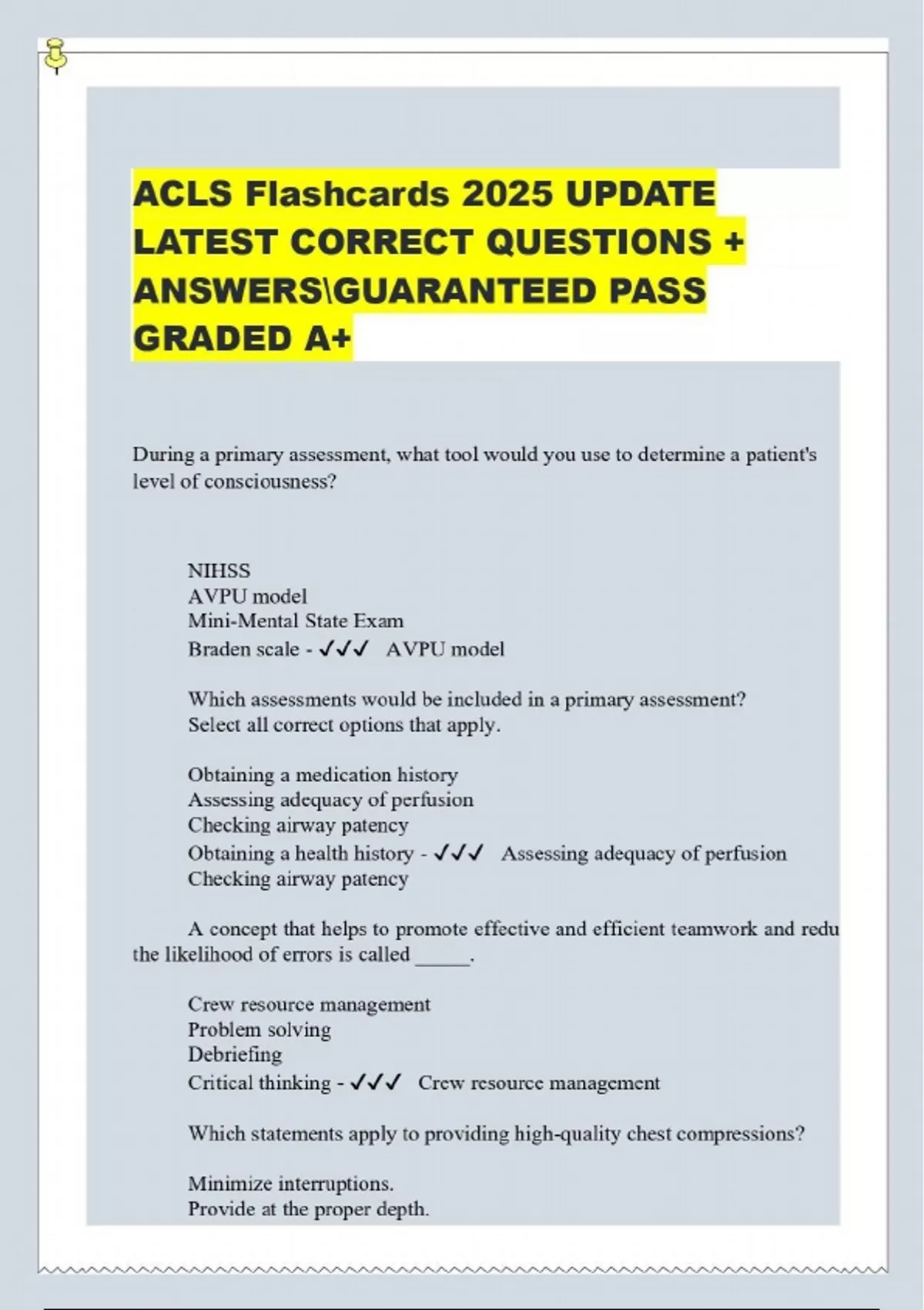 ACLS Flashcards 2025 UPDATE LATEST CORRECT QUESTIONS ...