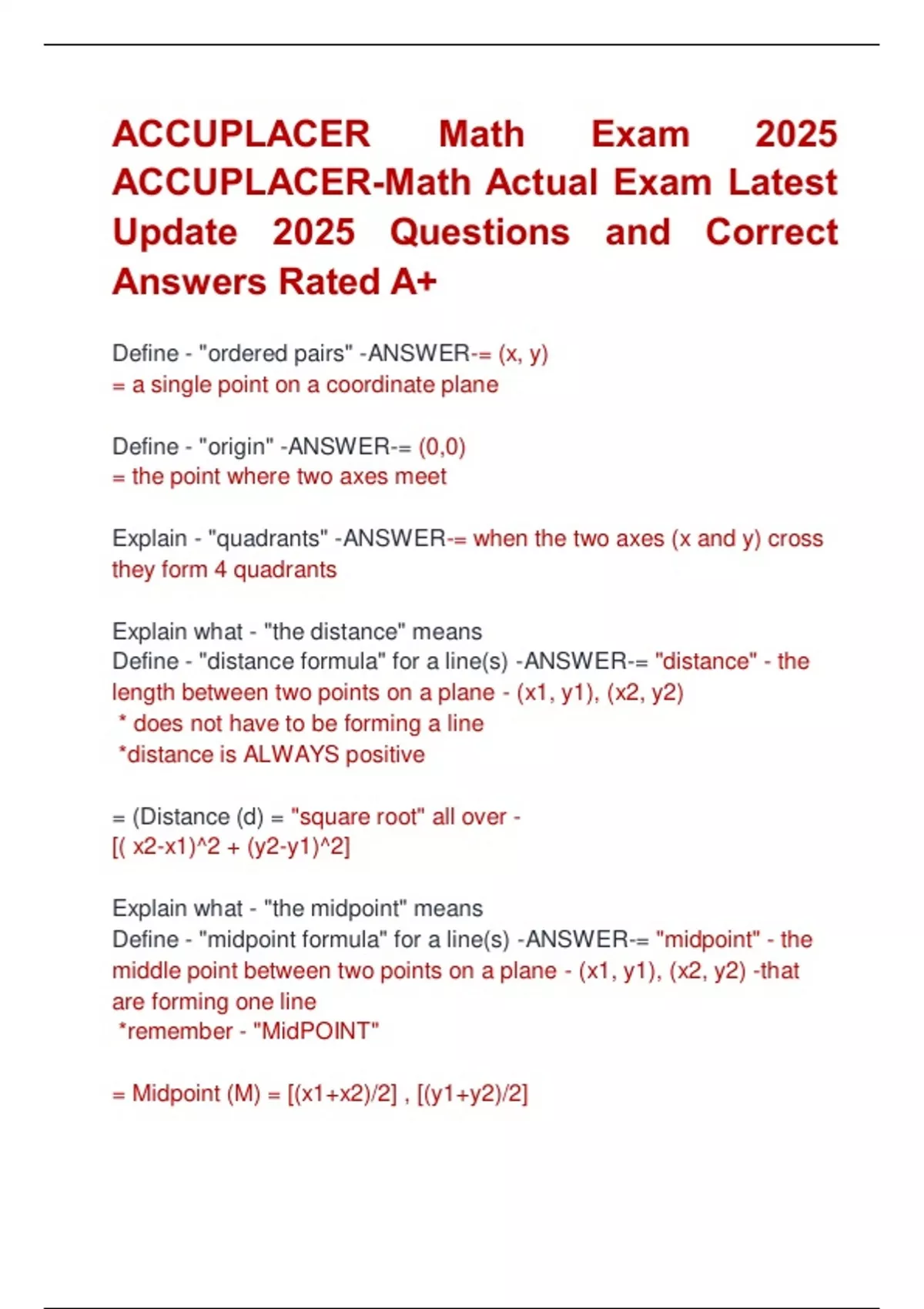ACCUPLACER Math Exam 2025 ACCUPLACER-Math Actual Exam Latest Update ...