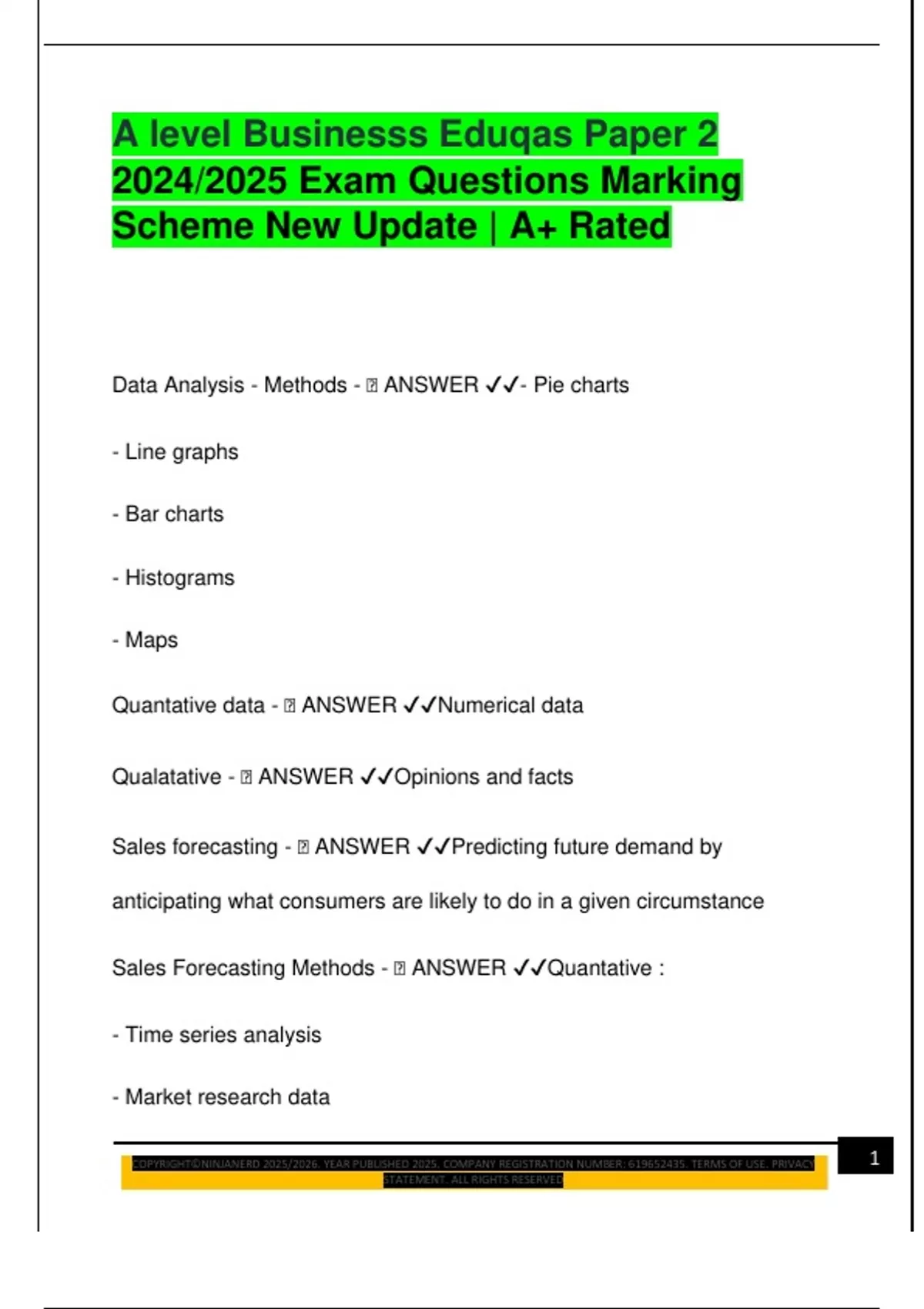 A level Businesss Eduqas Paper 2 2024/2025 Exam Questions Marking ...
