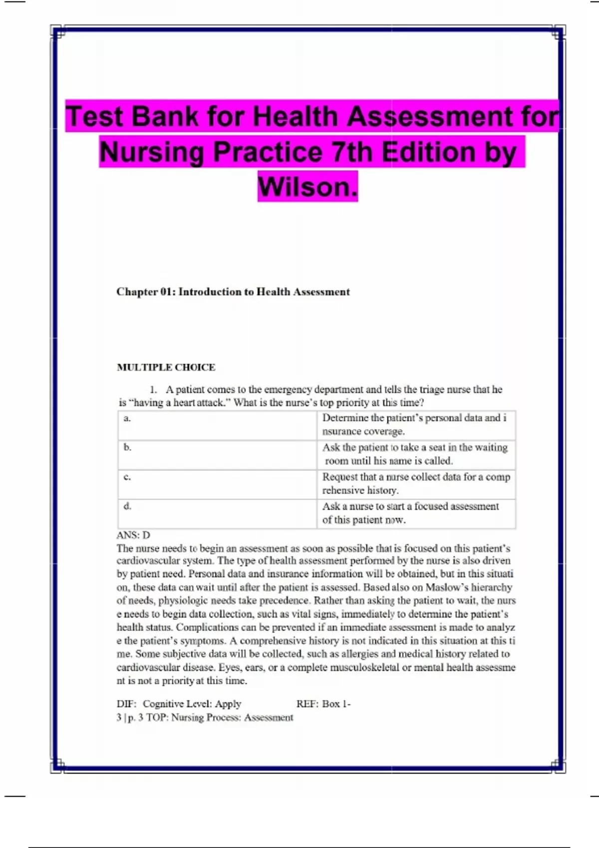 Test Bank for Health Assessment for Nursing Practice 7th Edition by ...