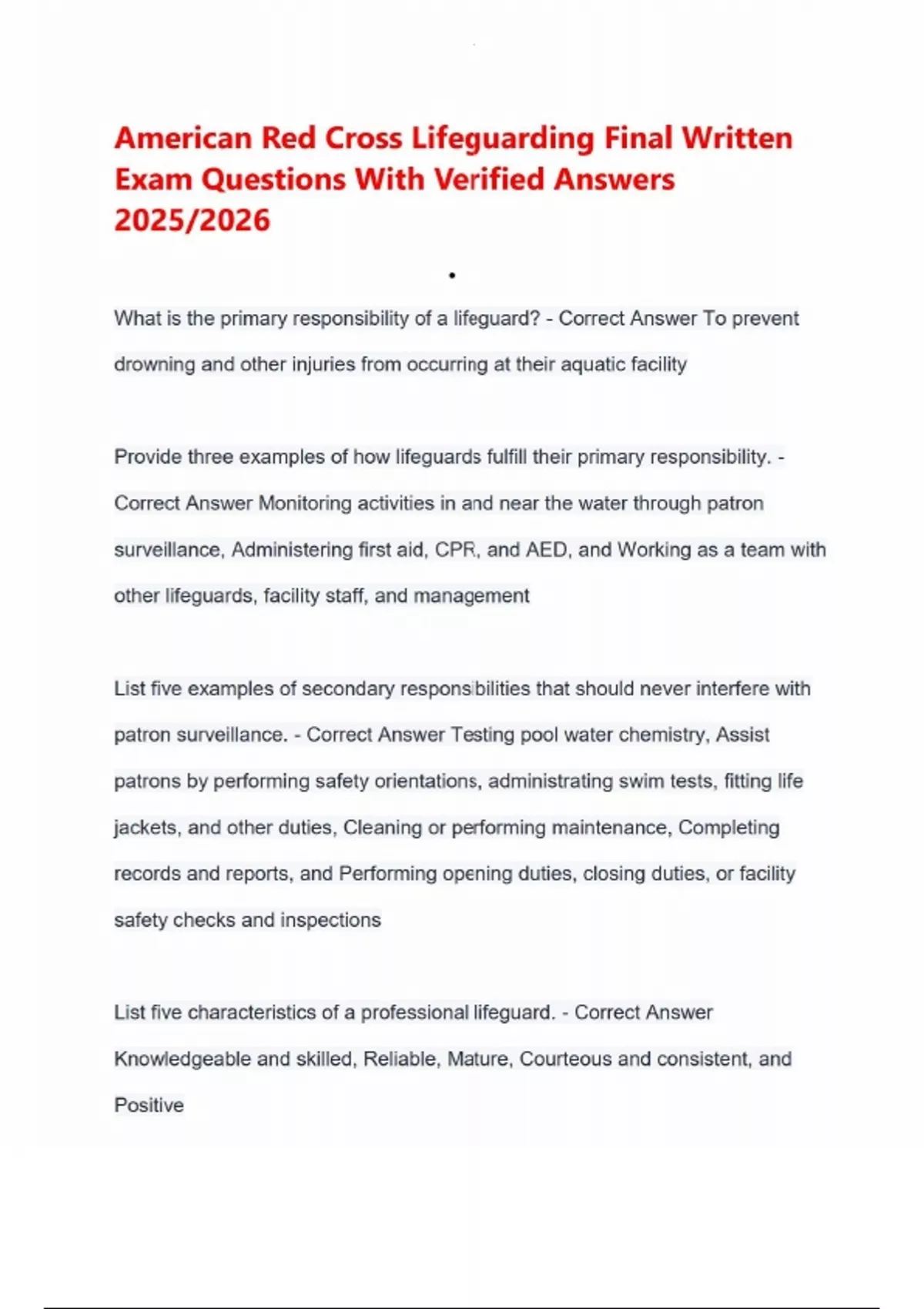 American Red Cross Lifeguarding Final Written Exam Questions With ...