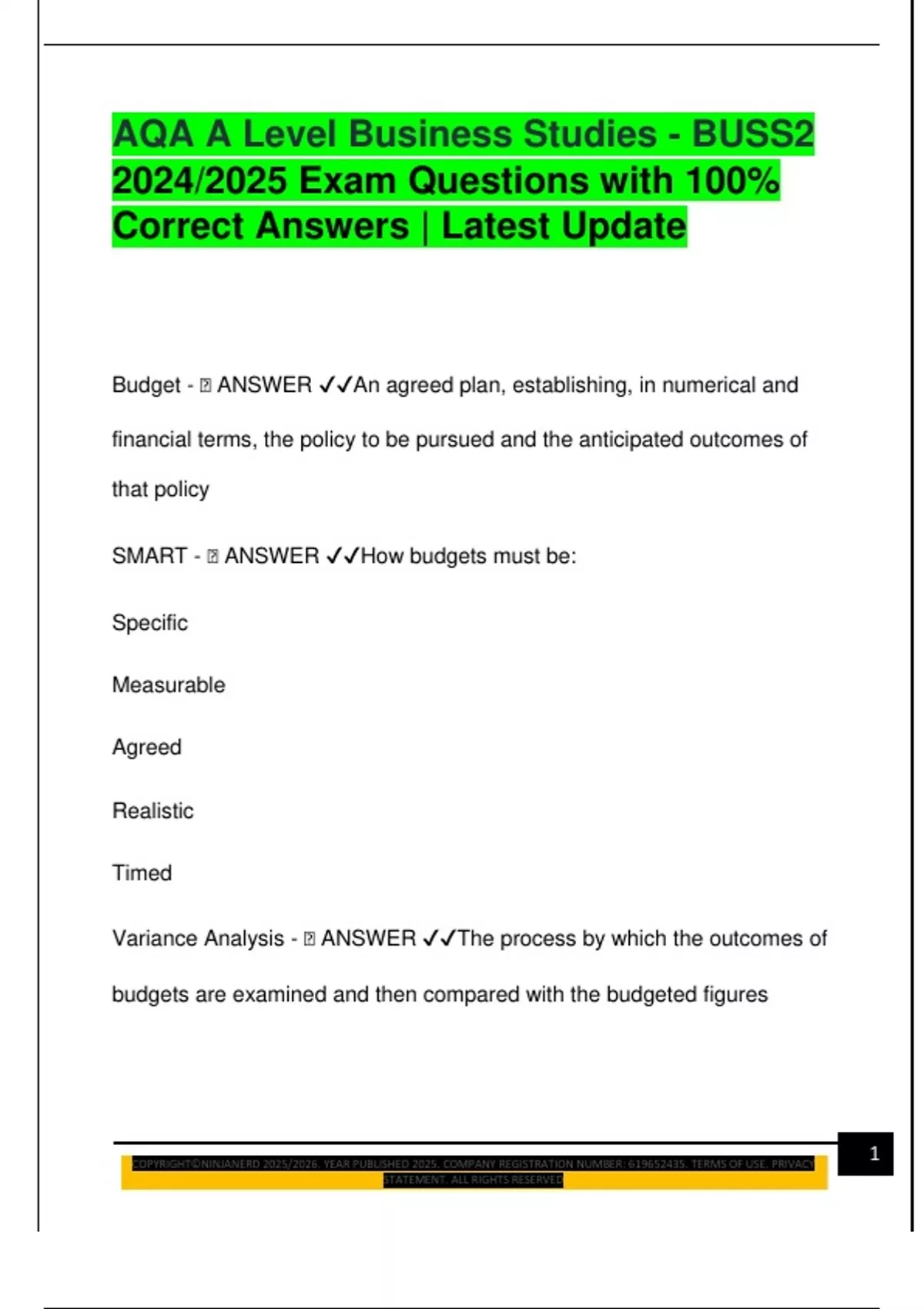 AQA A Level Business Studies - BUSS2 2024/2025 Exam Questions with 100% ...