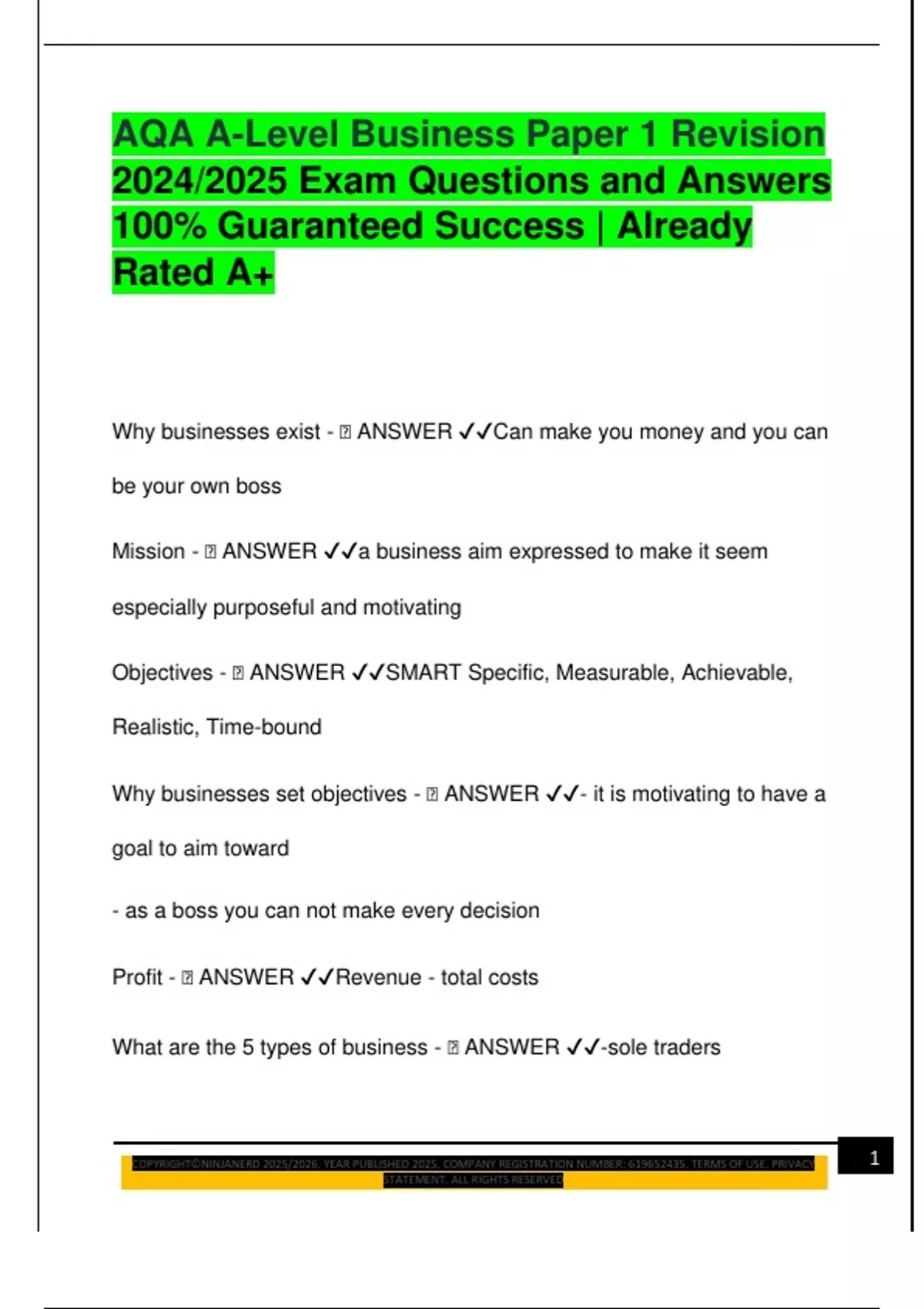 AQA A-Level Business Paper 1 Revision 2024/2025 Exam Questions and ...