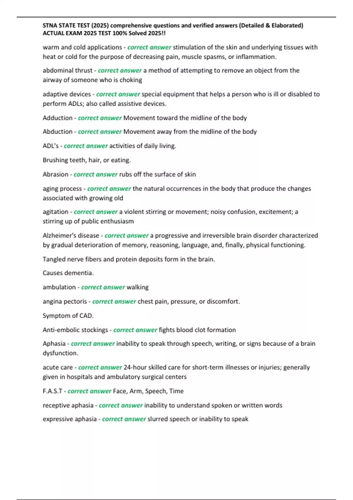STNA STATE TEST (2025) comprehensive questions and verified answers ...