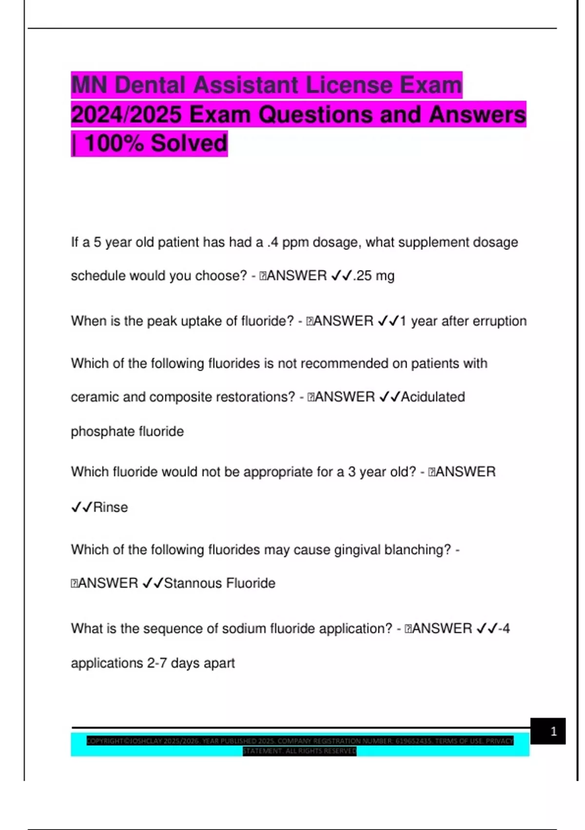 MN Dental Assistant License Exam 2024/2025 Exam Questions and Answers ...