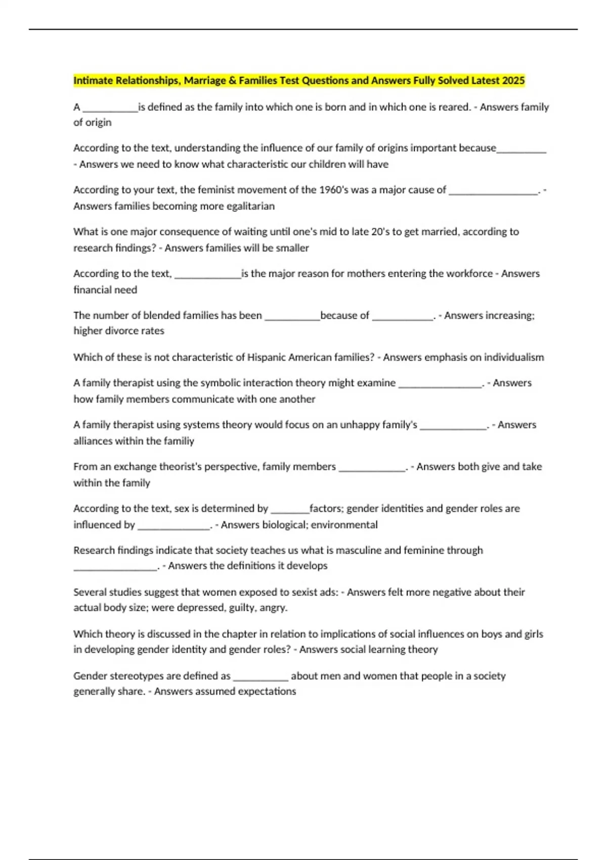 Intimate Relationships, Marriage & Families Test Questions and Answers ...
