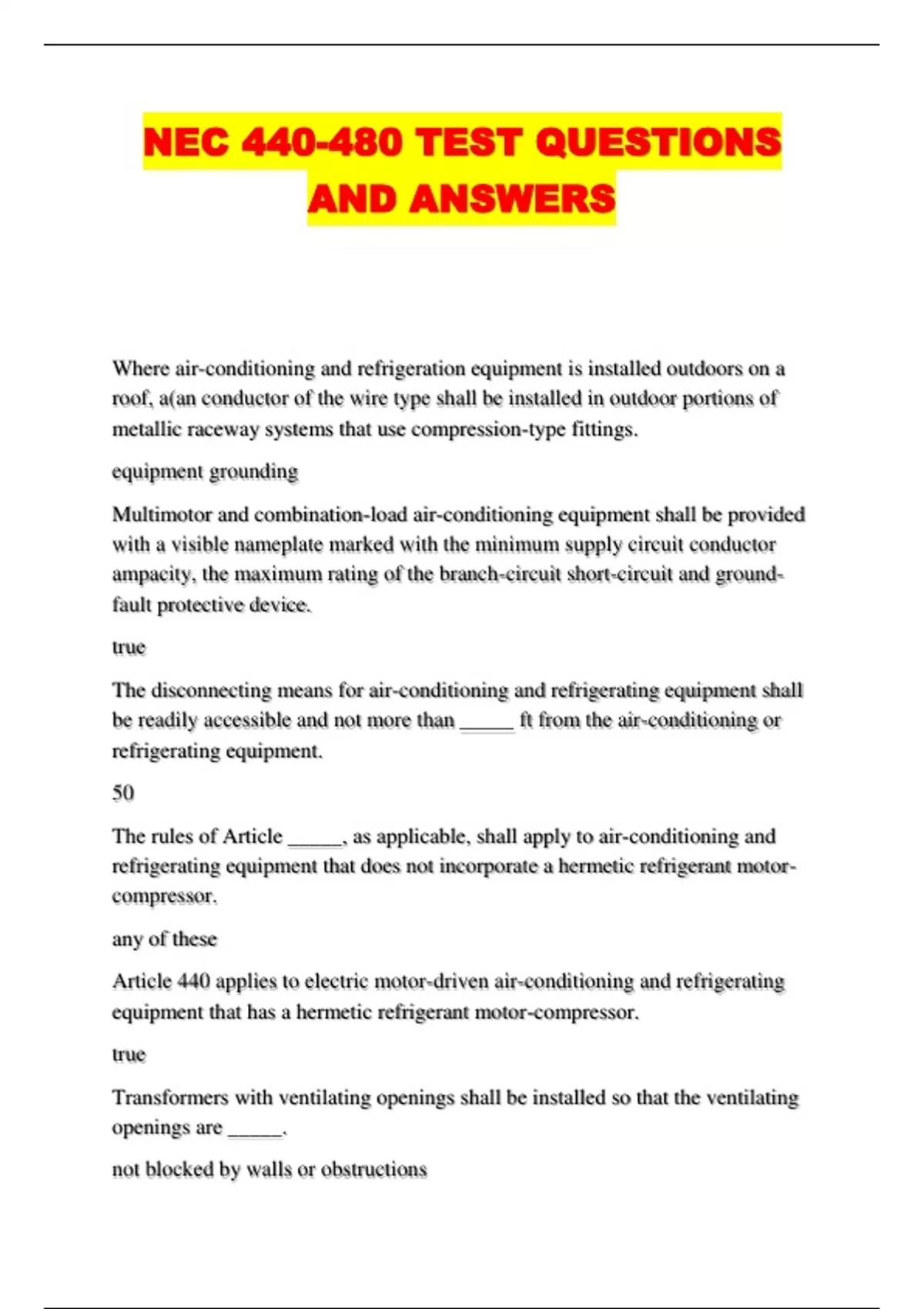NEC 440-480 TEST QUESTIONS AND ANSWERS - NEC 440-480 - Stuvia US