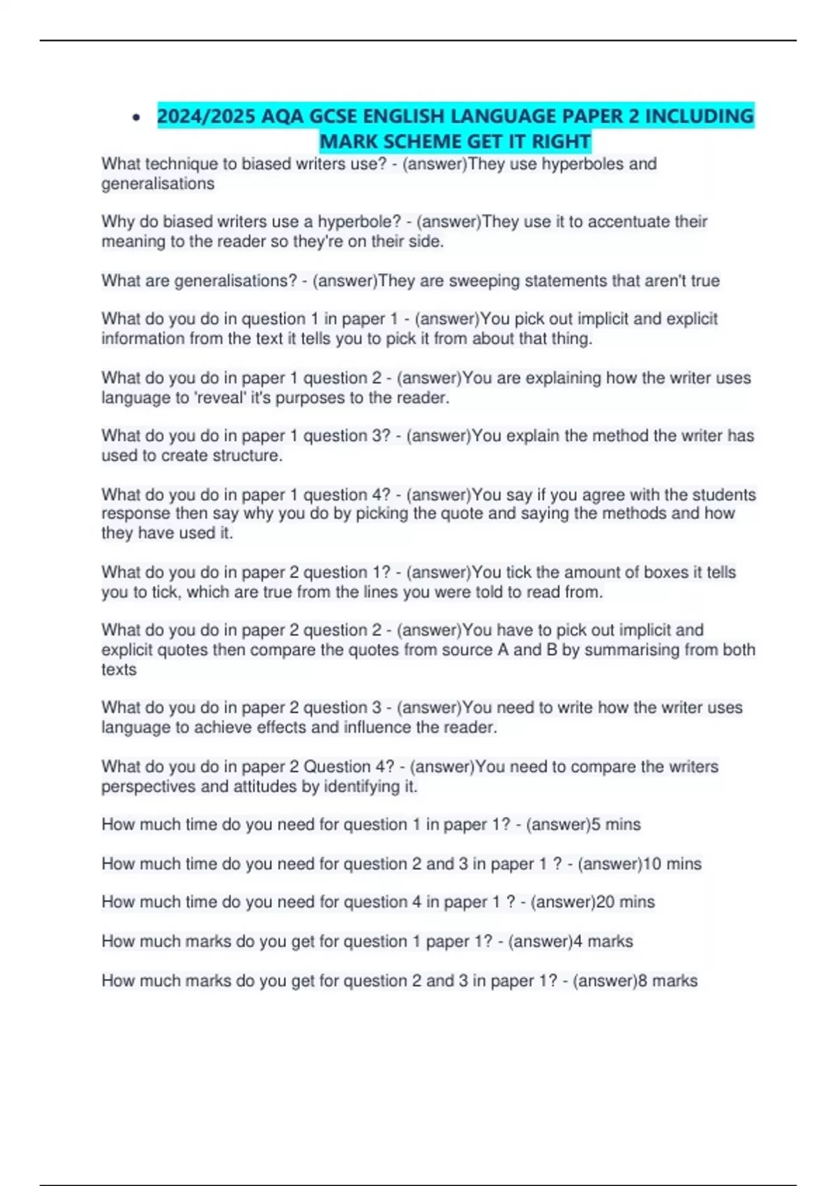 2024/2025 AQA GCSE ENGLISH LANGUAGE PAPER 2 INCLUDING MARK SCHEME GET ...