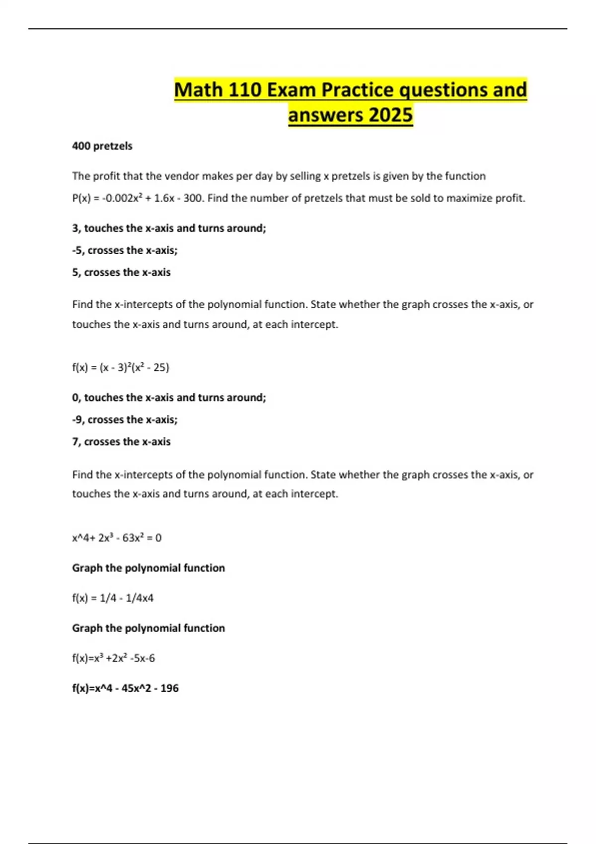 Math 110 Exam Practice questions and answers 2025 - Math 110 - Stuvia US