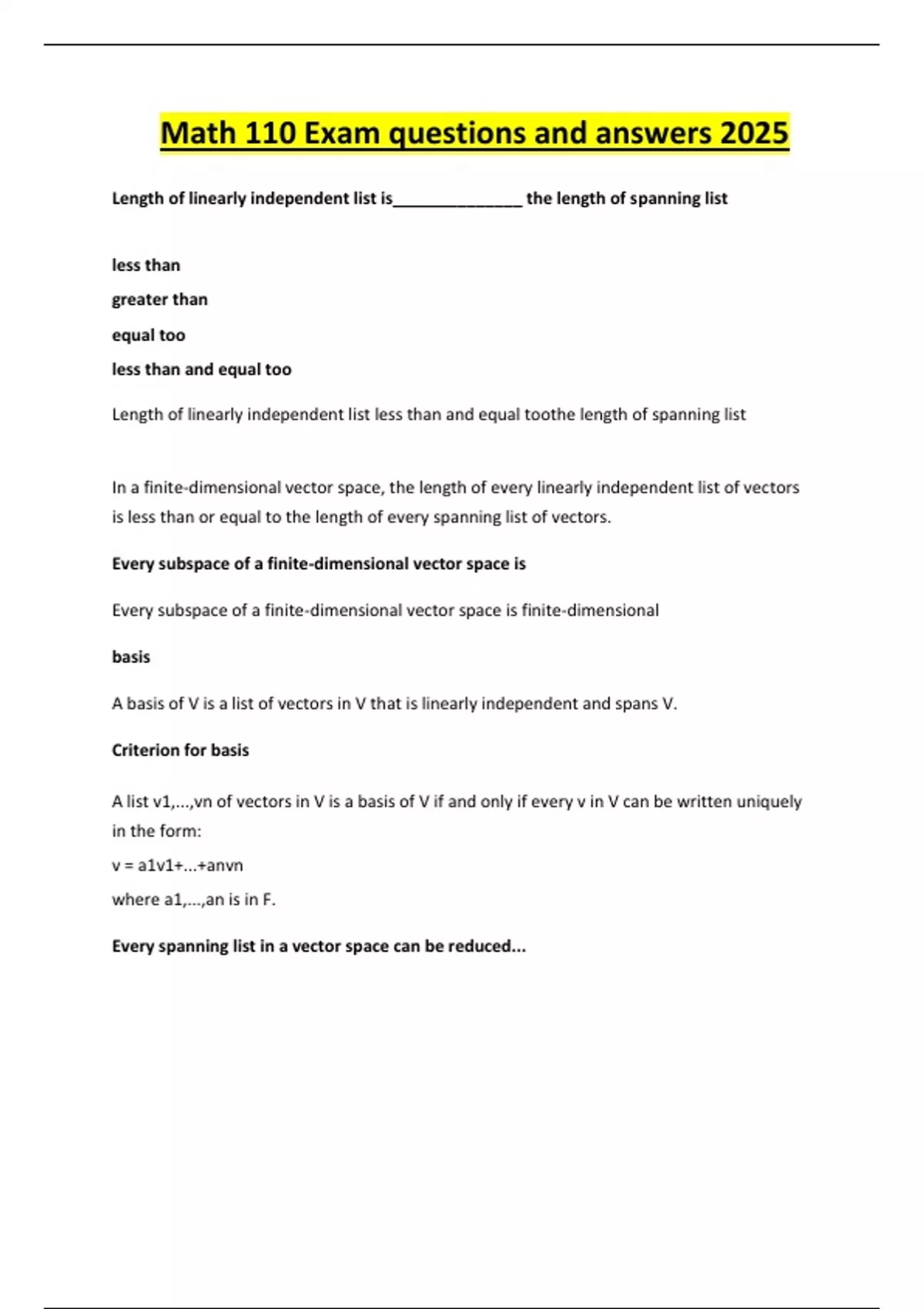 Math 110 Exam questions and answers 2025 - Math 110 - Stuvia US