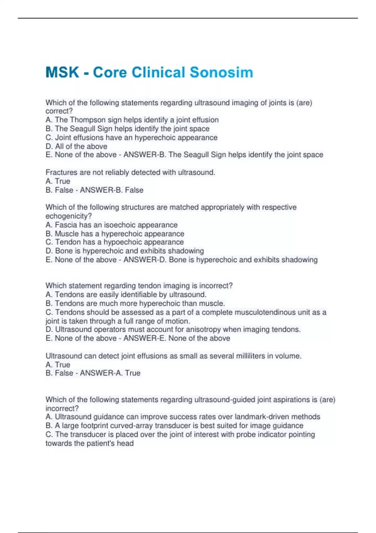 MSK - Core Clinical Sonosim Questions and Answers 2025 Update100 ...
