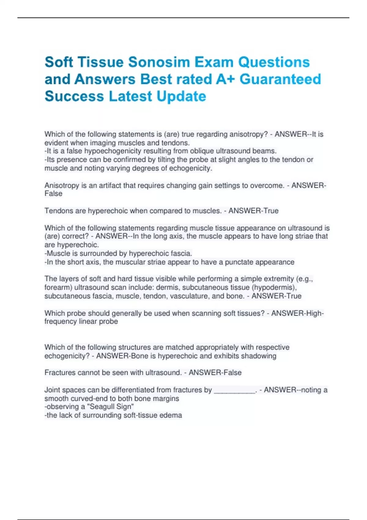 Soft Tissue Sonosim Exam Questions and Answers Best rated A+ Guaranteed ...