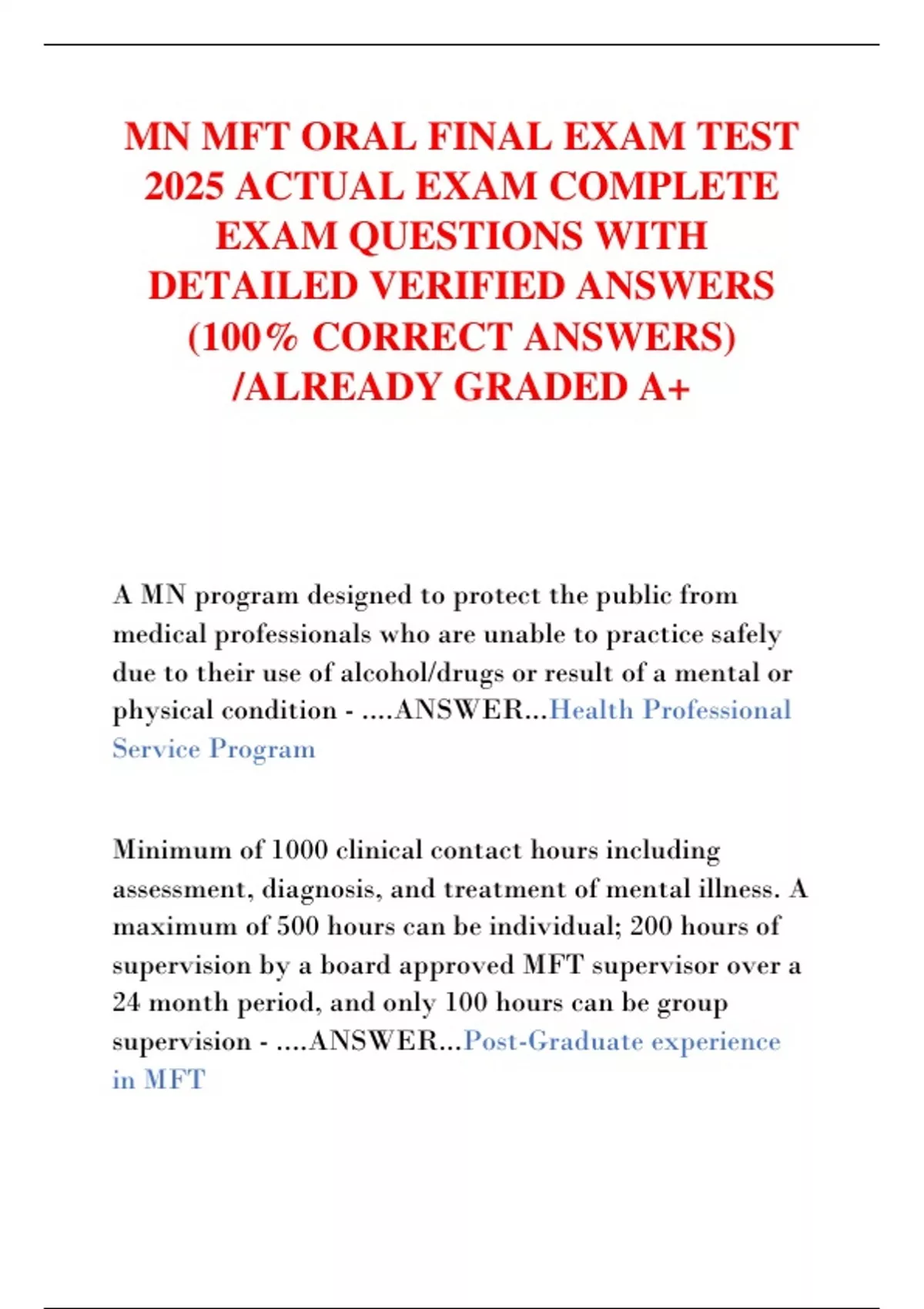 MN MFT ORAL FINAL EXAM TEST 2025 ACTUAL EXAM COMPLETE EXAM QUESTIONS ...