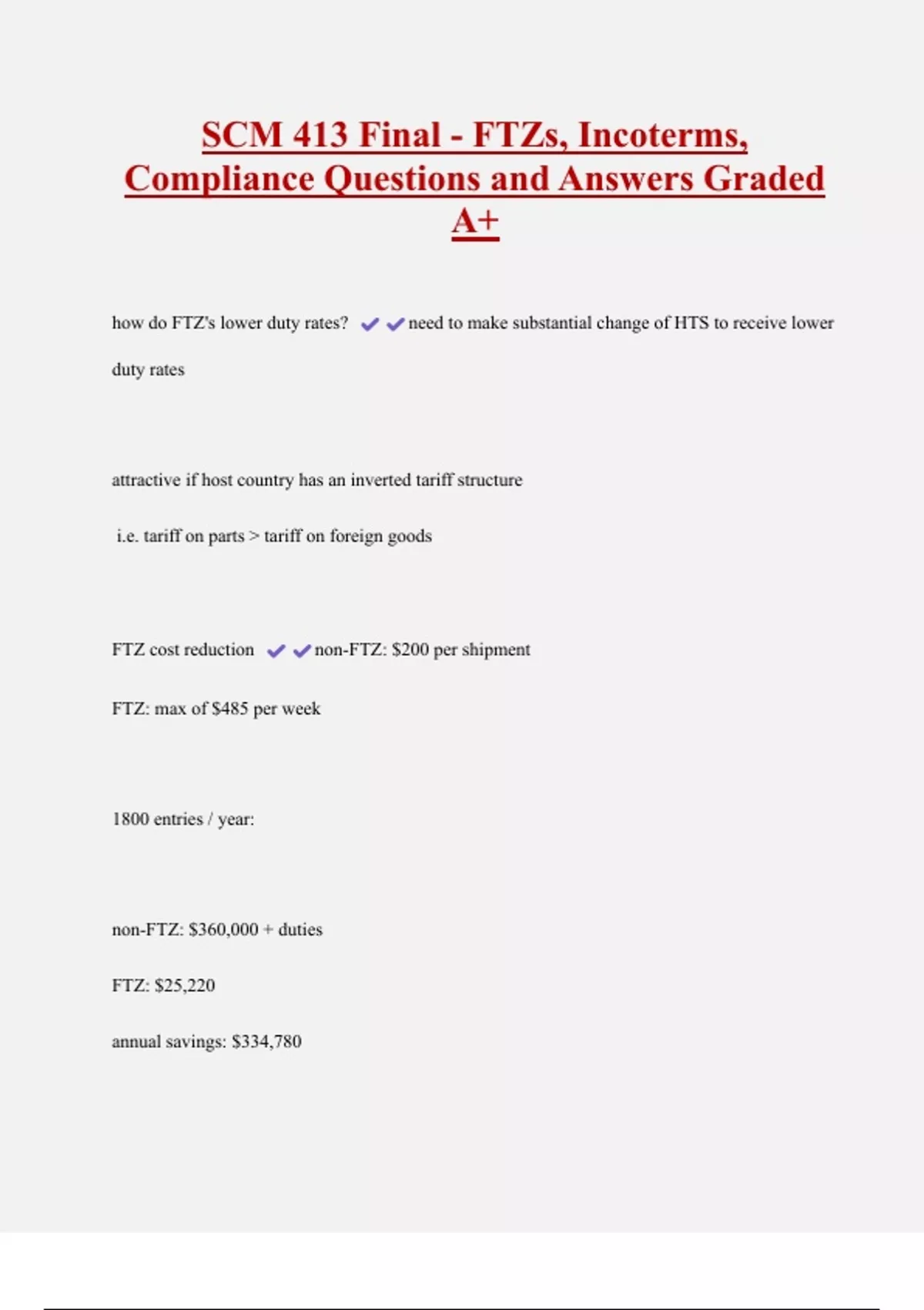 SCM 413 Final - FTZs, Incoterms, Compliance Questions and Answers ...