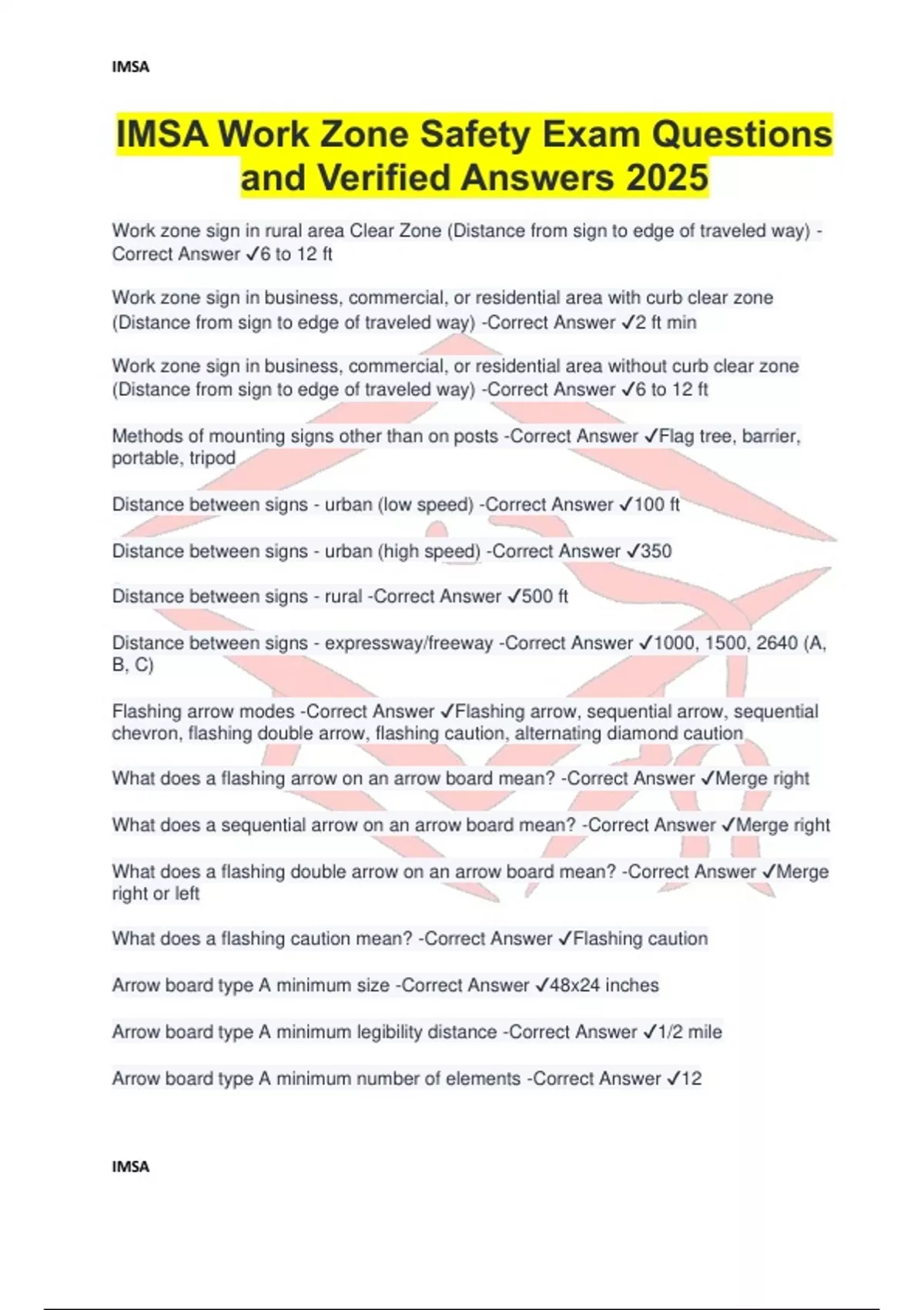 IMSA Work Zone Safety Exam Questions and Verified Answers 2025 - Imsa ...