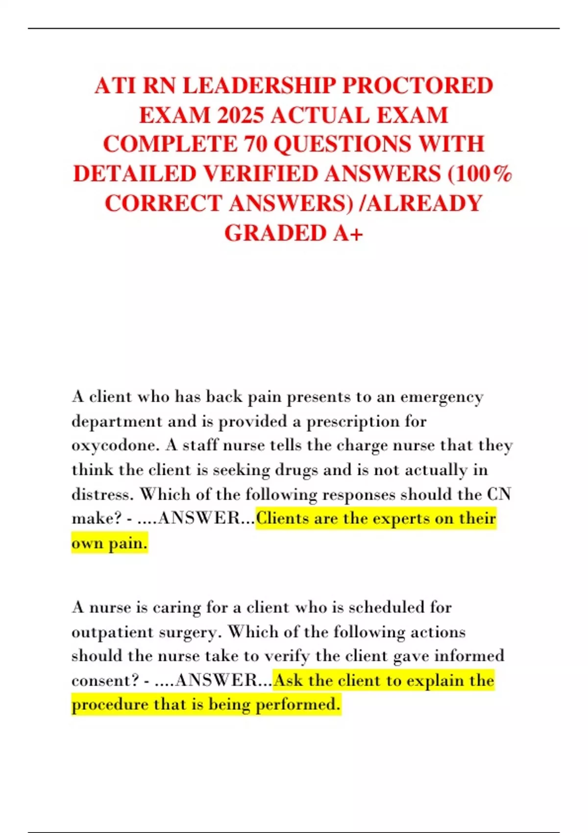 ATI RN LEADERSHIP PROCTORED EXAM 2025 ACTUAL EXAM COMPLETE 70 QUESTIONS ...