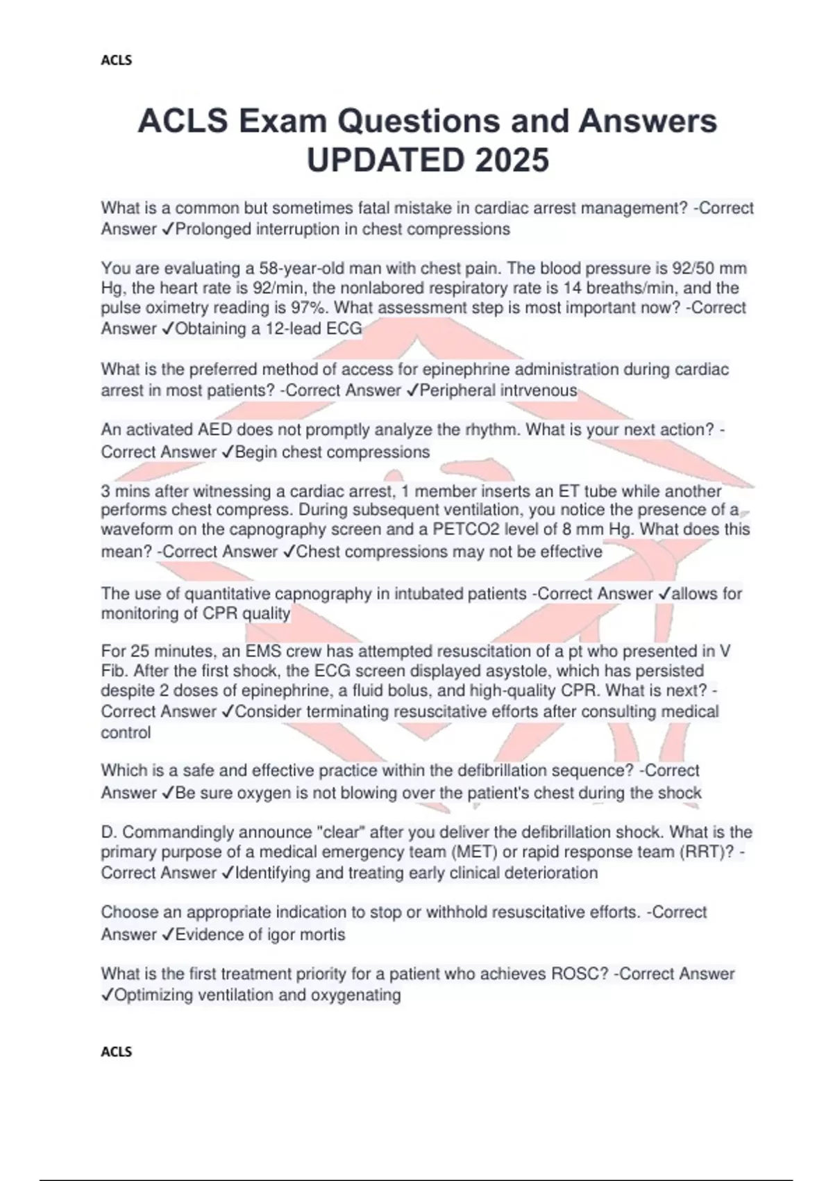 ACLS Exam Questions and Answers UPDATED 2025 - ACLS , - Stuvia US