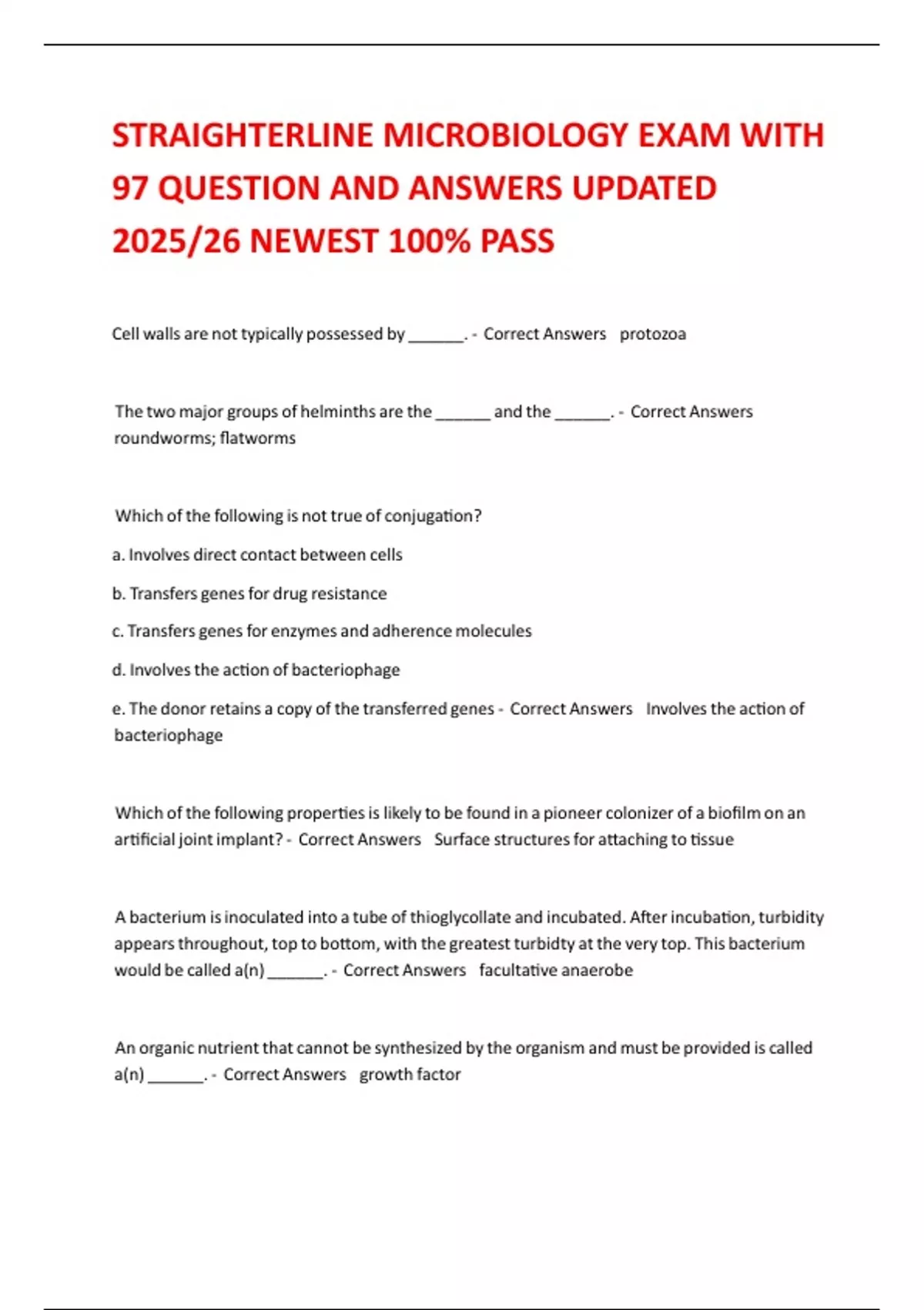 STRAIGHTERLINE MICROBIOLOGY EXAM WITH 97 QUESTION AND ANSWERS UPDATED ...