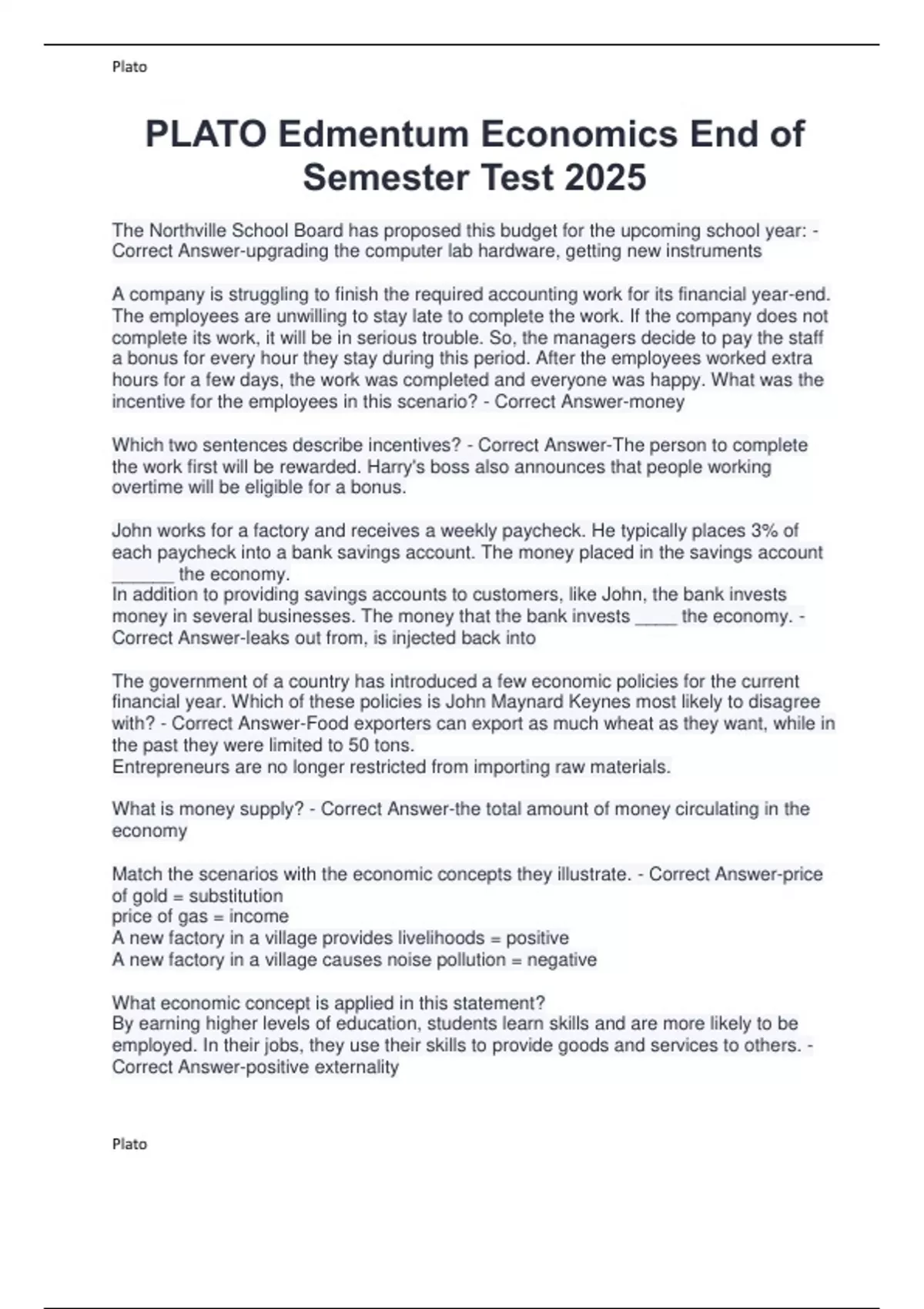 PLATO Edmentum Economics End of Semester Test 2025 - PLATO Edmentum ...