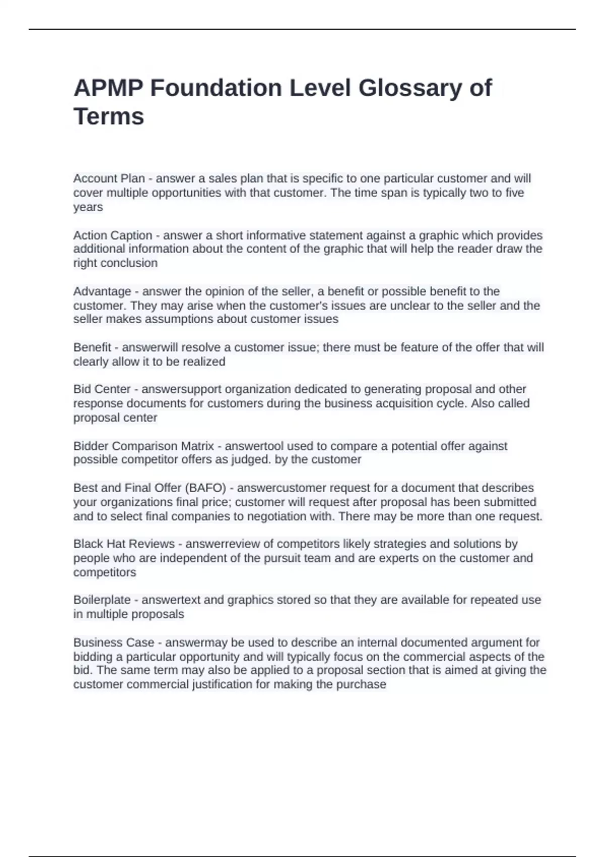 Apmp Foundation Level Glossary Of Terms Questions With Complete Solutions Apmp Stuvia Us