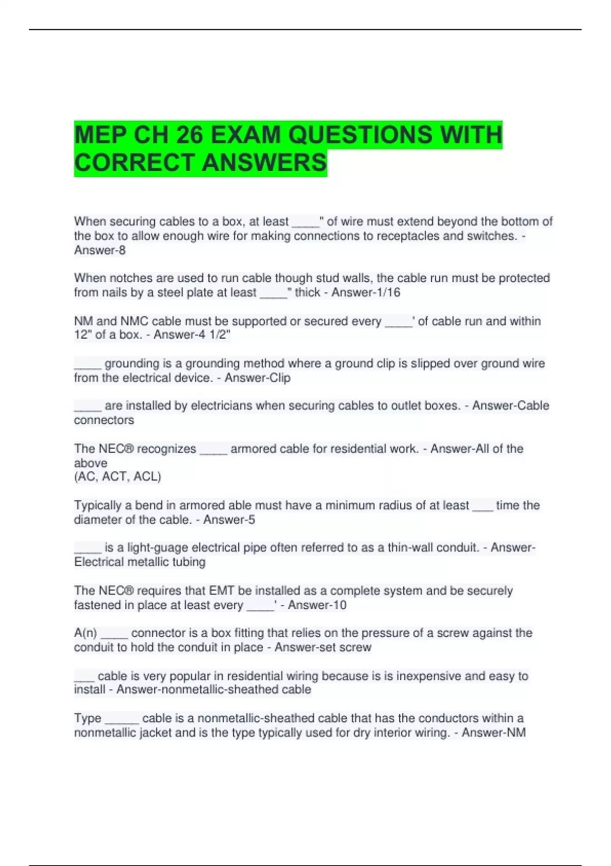 MEP CH 26 EXAM QUESTIONS WITH CORRECT ANSWERS - MEP - Stuvia US