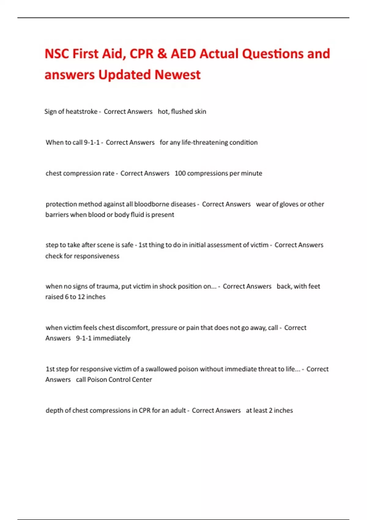 NSC First Aid, CPR & AED Actual Questions and answers Updated Newest - NSC First Aid, CPR & AED ...