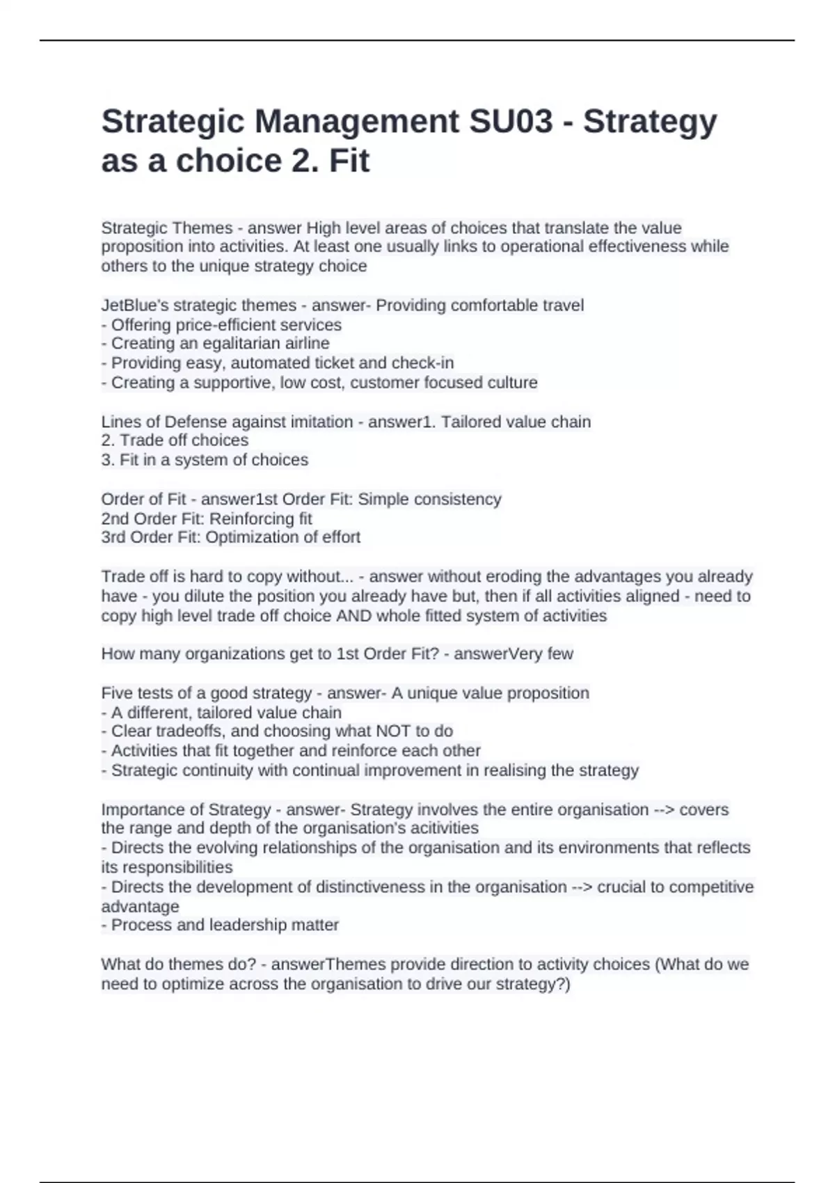 Strategic Management SU03 - Strategy as a choice 2. Fit Questions and ...